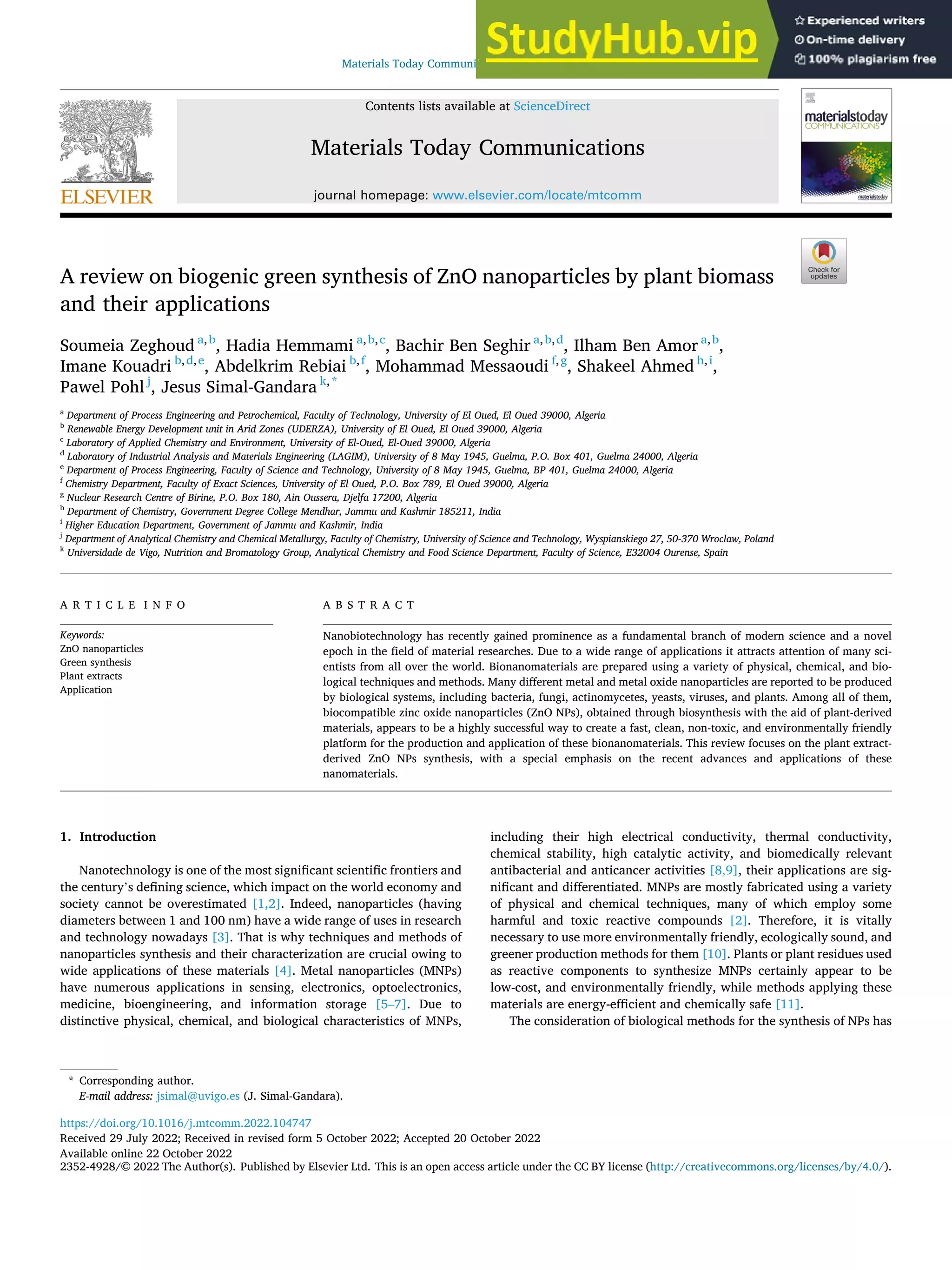 A review on biogenic green synthesis of ZnO nanoparticles by plant biomass and their ...
