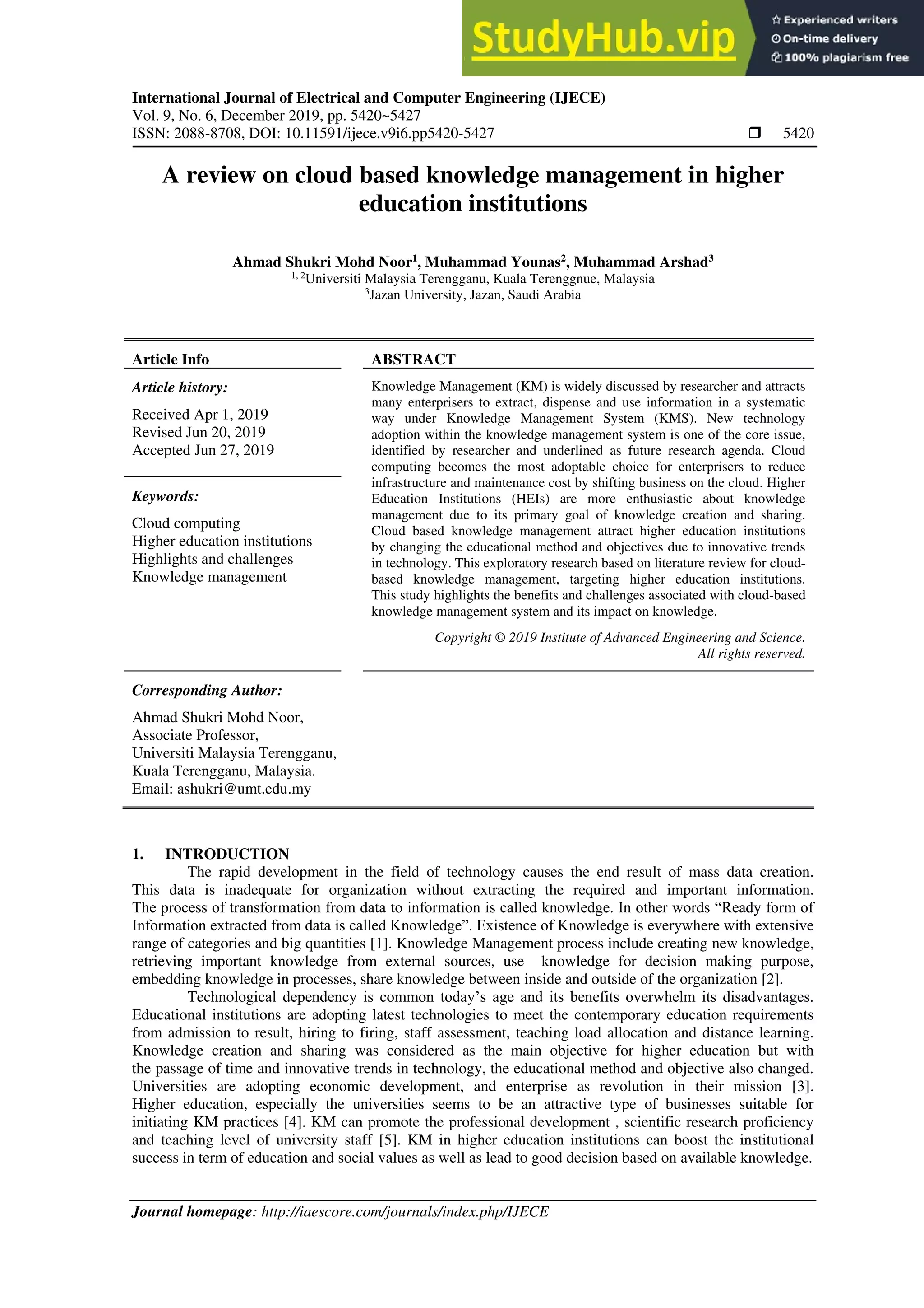 A Review On Cloud Based Knowledge Management In Higher Education Institutions | PDF