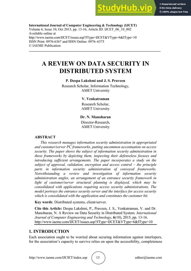 A REVIEW ON DATA SECURITY IN DISTRIBUTED SYSTEM | PDF | Databases | Computer Software and ...