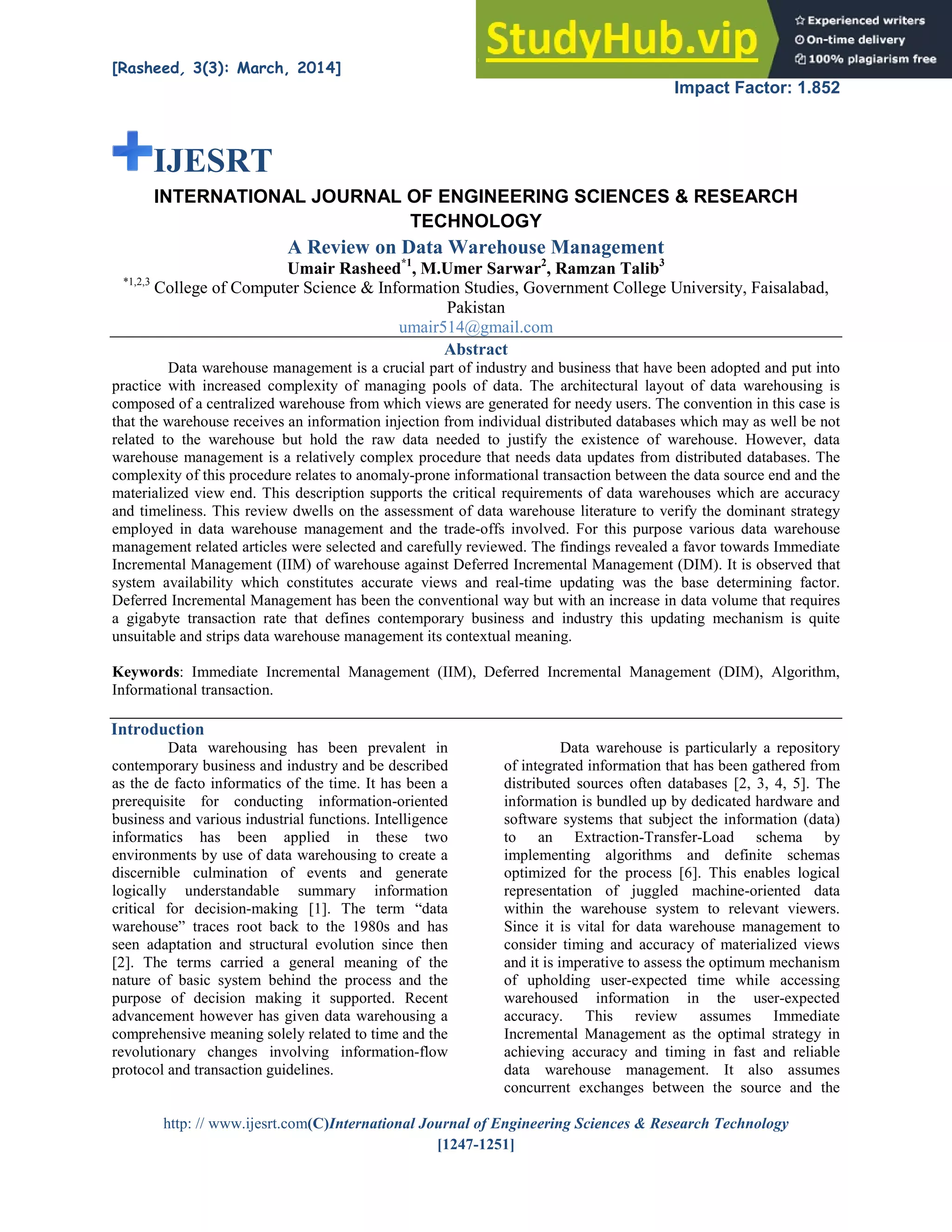 A Review On Data Warehouse Management | PDF