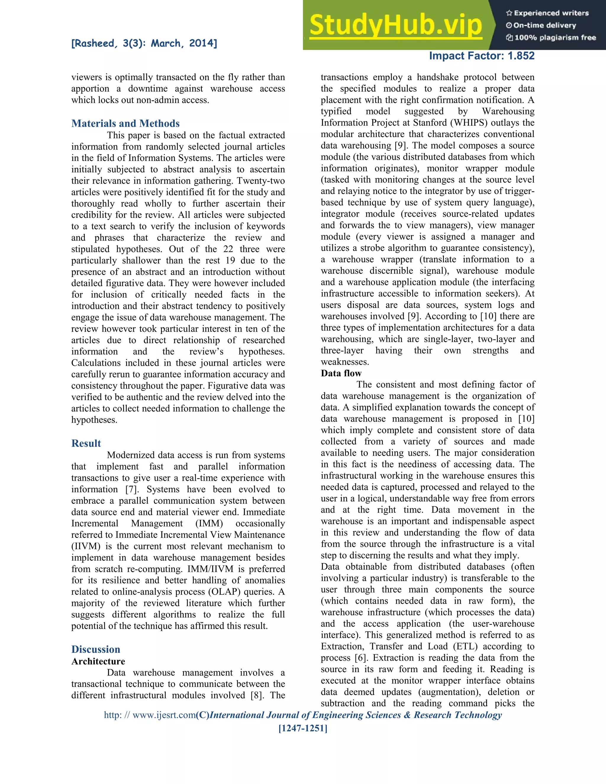 A Review On Data Warehouse Management | PDF