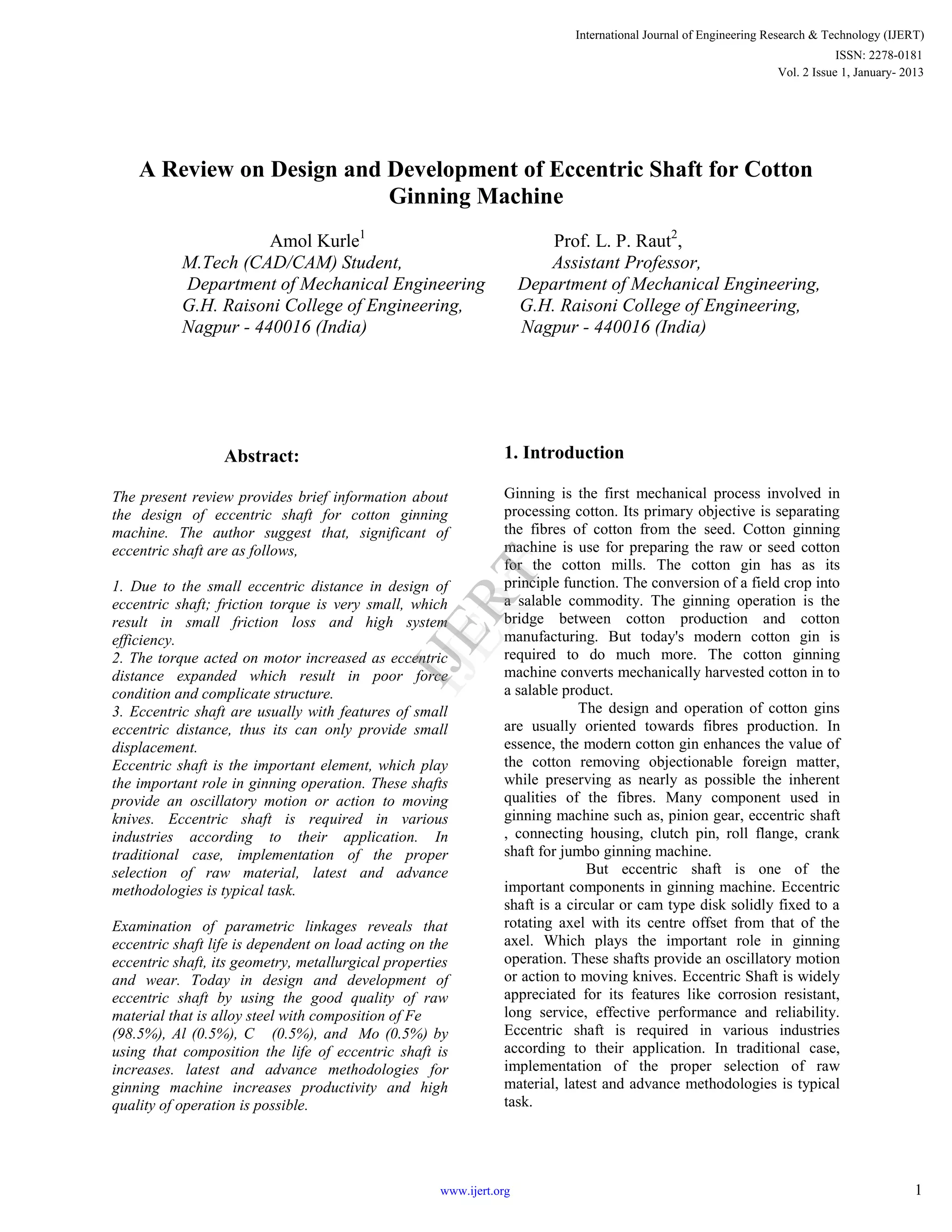 A review on design and development of eccentric shaft for cotton | PDF