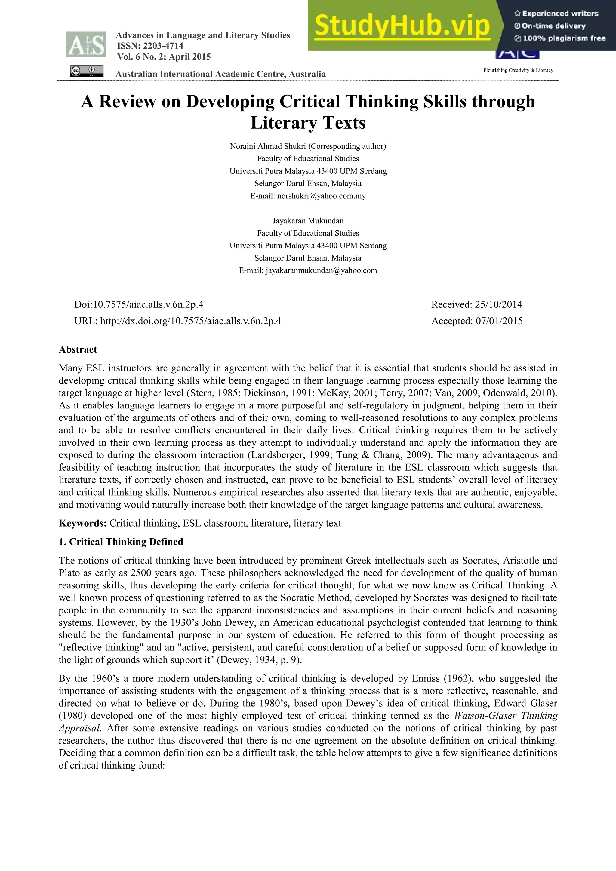 A Review On Developing Critical Thinking Skills Through Literary Texts | PDF