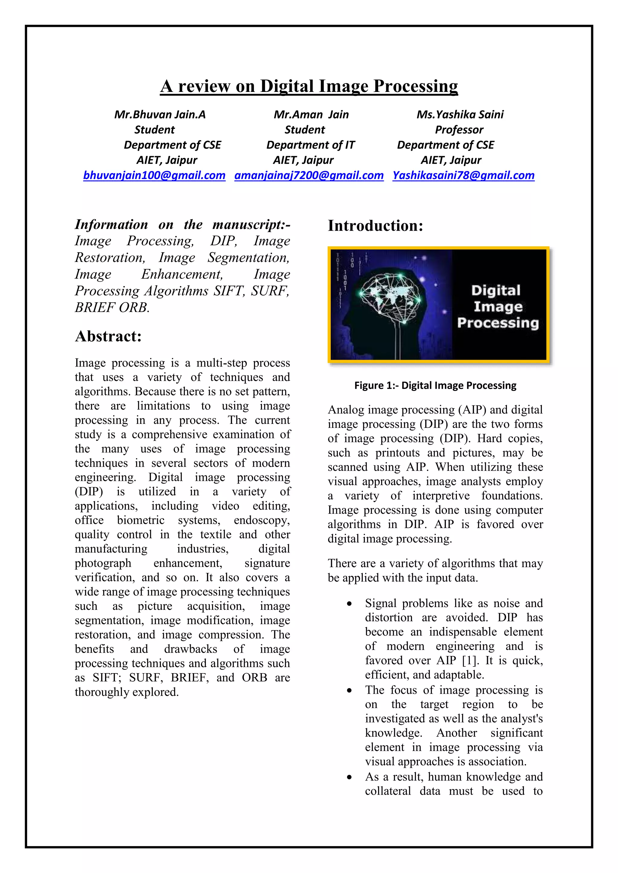 A review on digital image processing paper | PDF