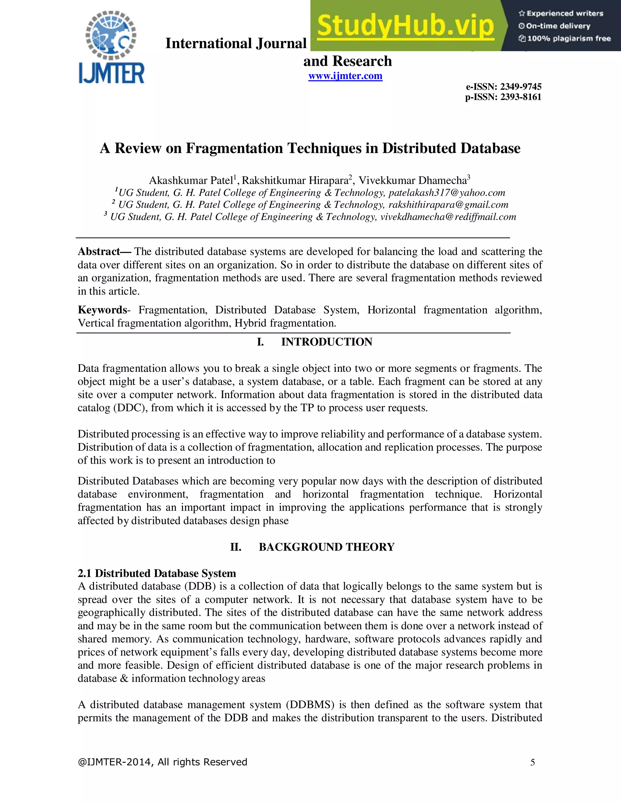 A Review On Fragmentation Techniques In Distributed Database Pdf