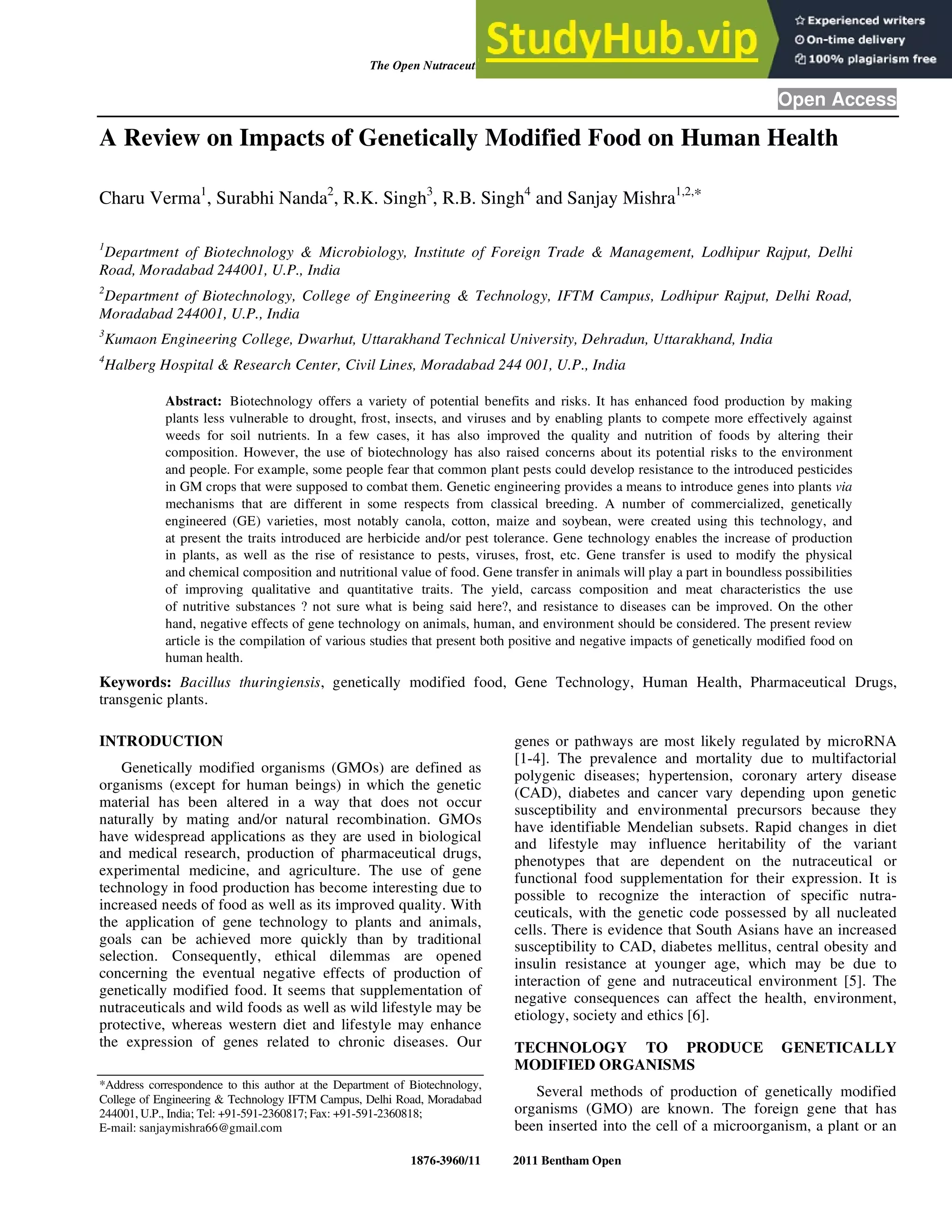 A Review On Impacts Of Genetically Modified Food On Human Health | PDF