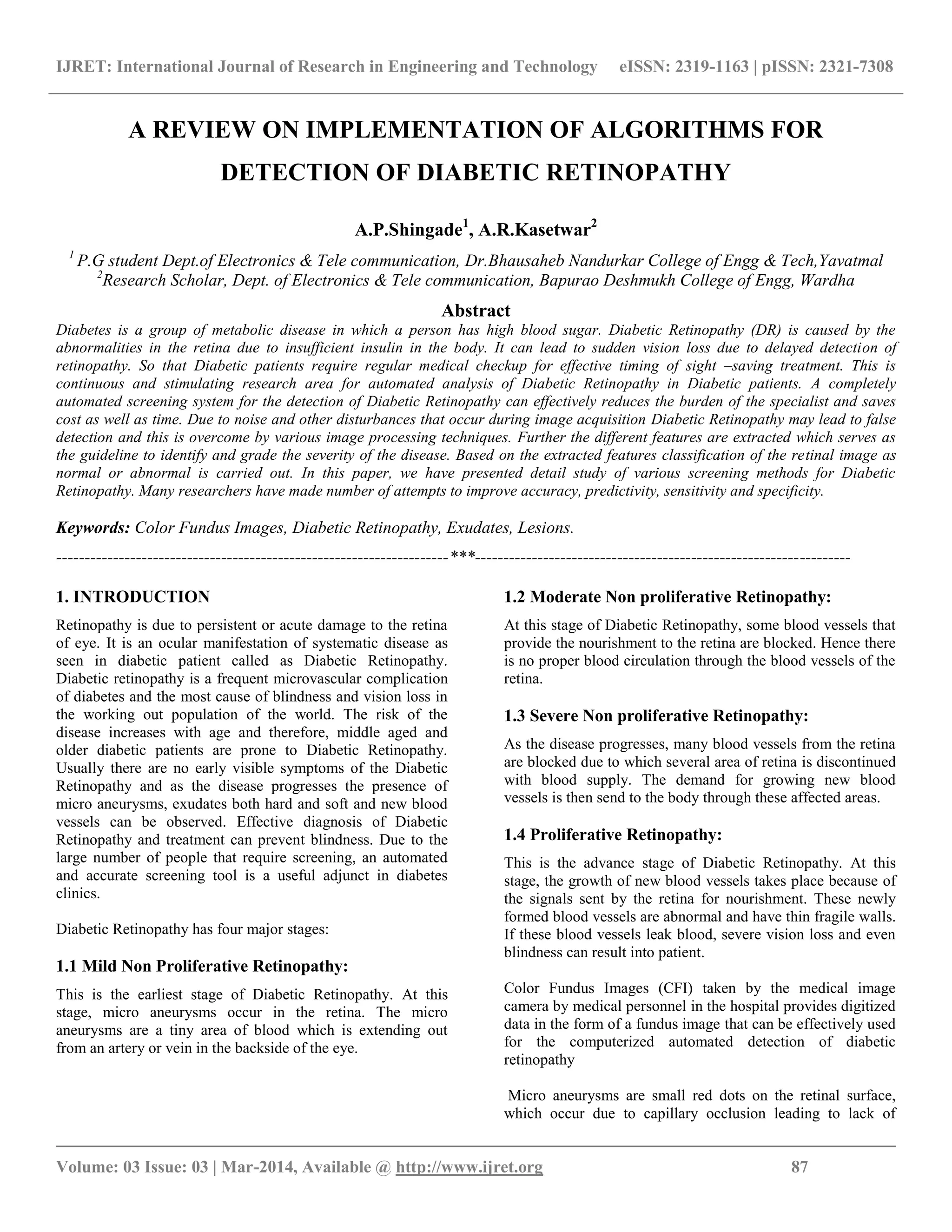A review on implementation of algorithms for detection of diabetic retinopathy | PDF | Eye and ...