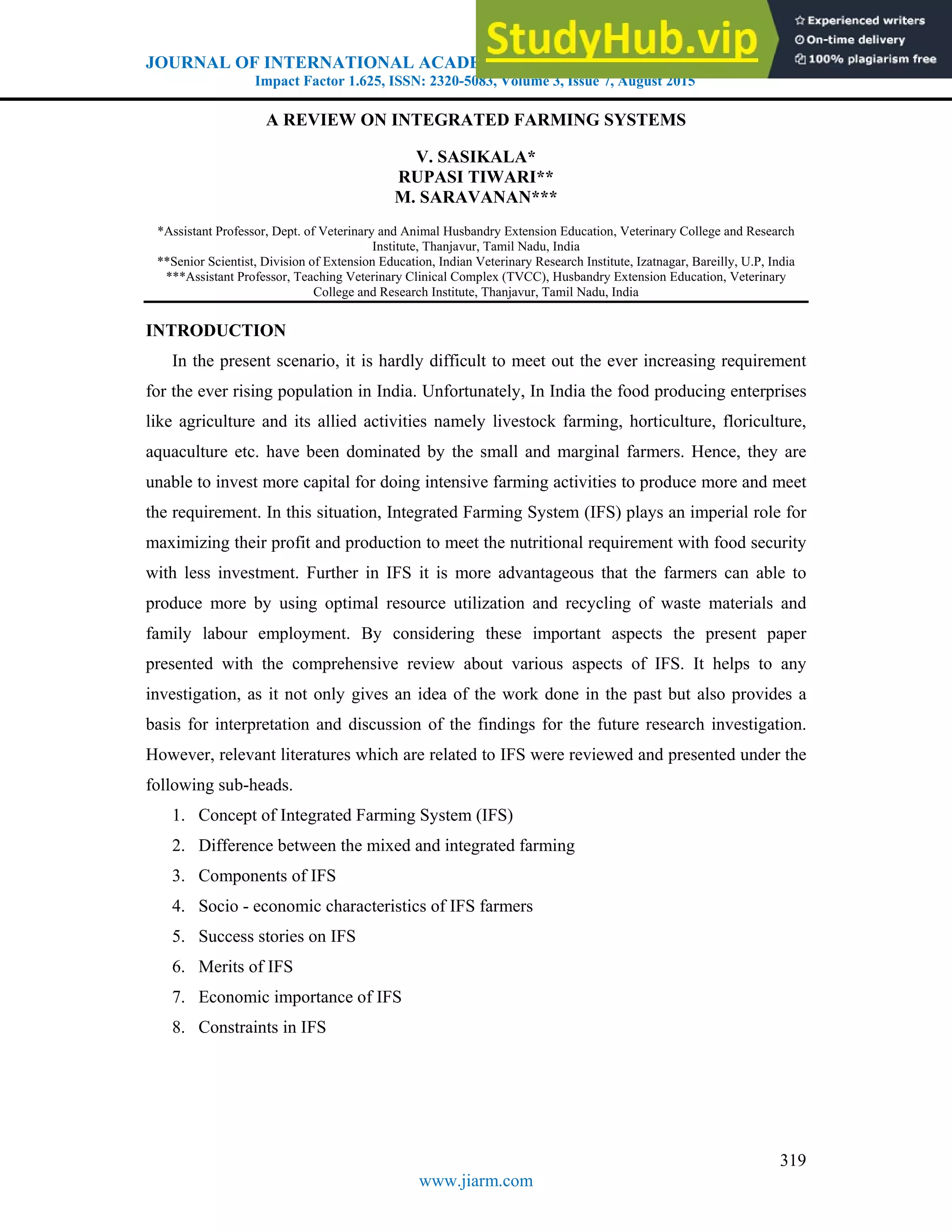 A REVIEW ON INTEGRATED FARMING SYSTEMS | PDF