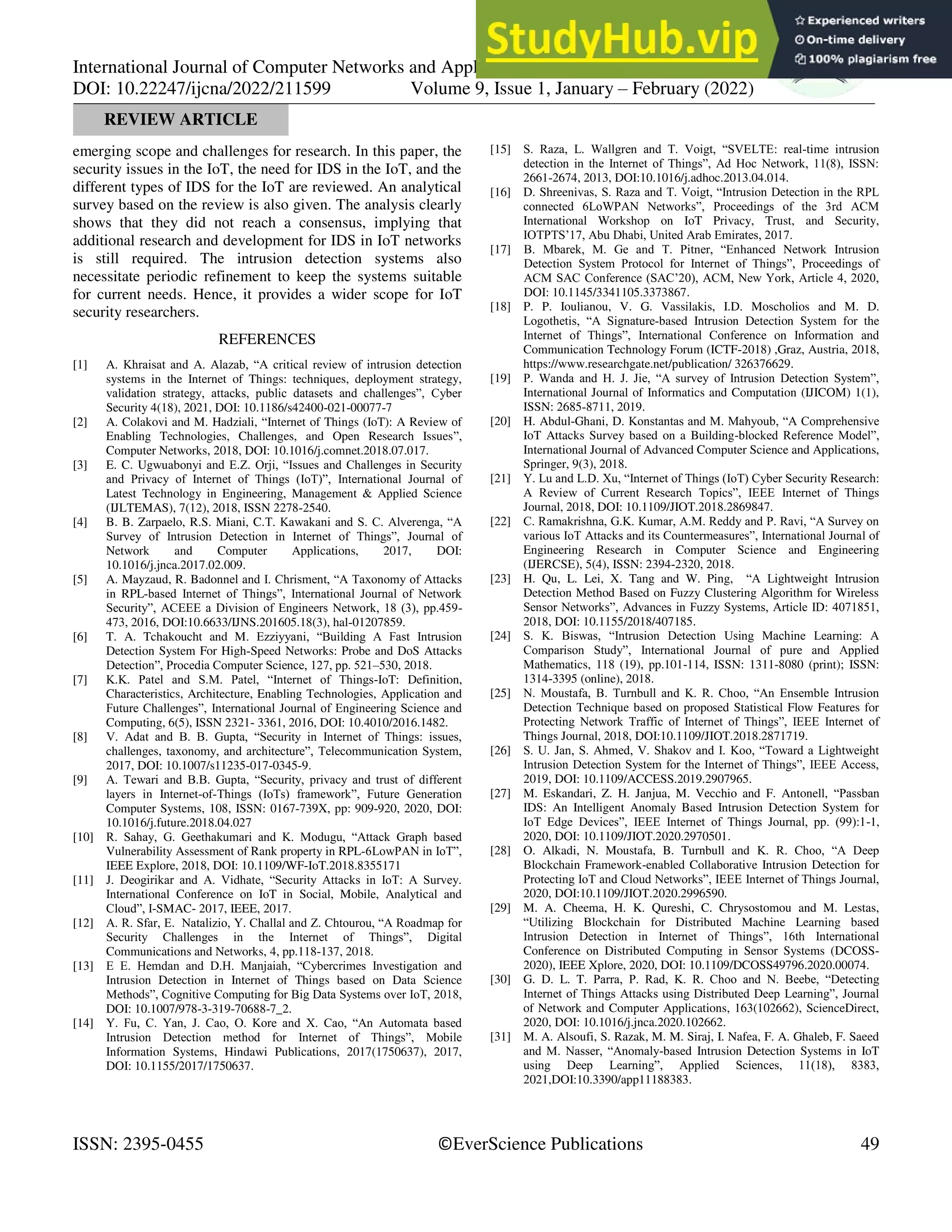 A Review On Intrusion Detection Systems To Secure Iot Networks Pdf Internet Computing