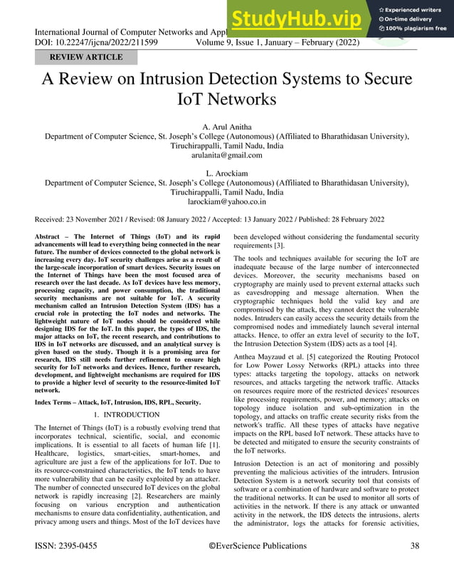 A Review On Intrusion Detection Systems To Secure IoT Networks | PDF | Internet | Computing