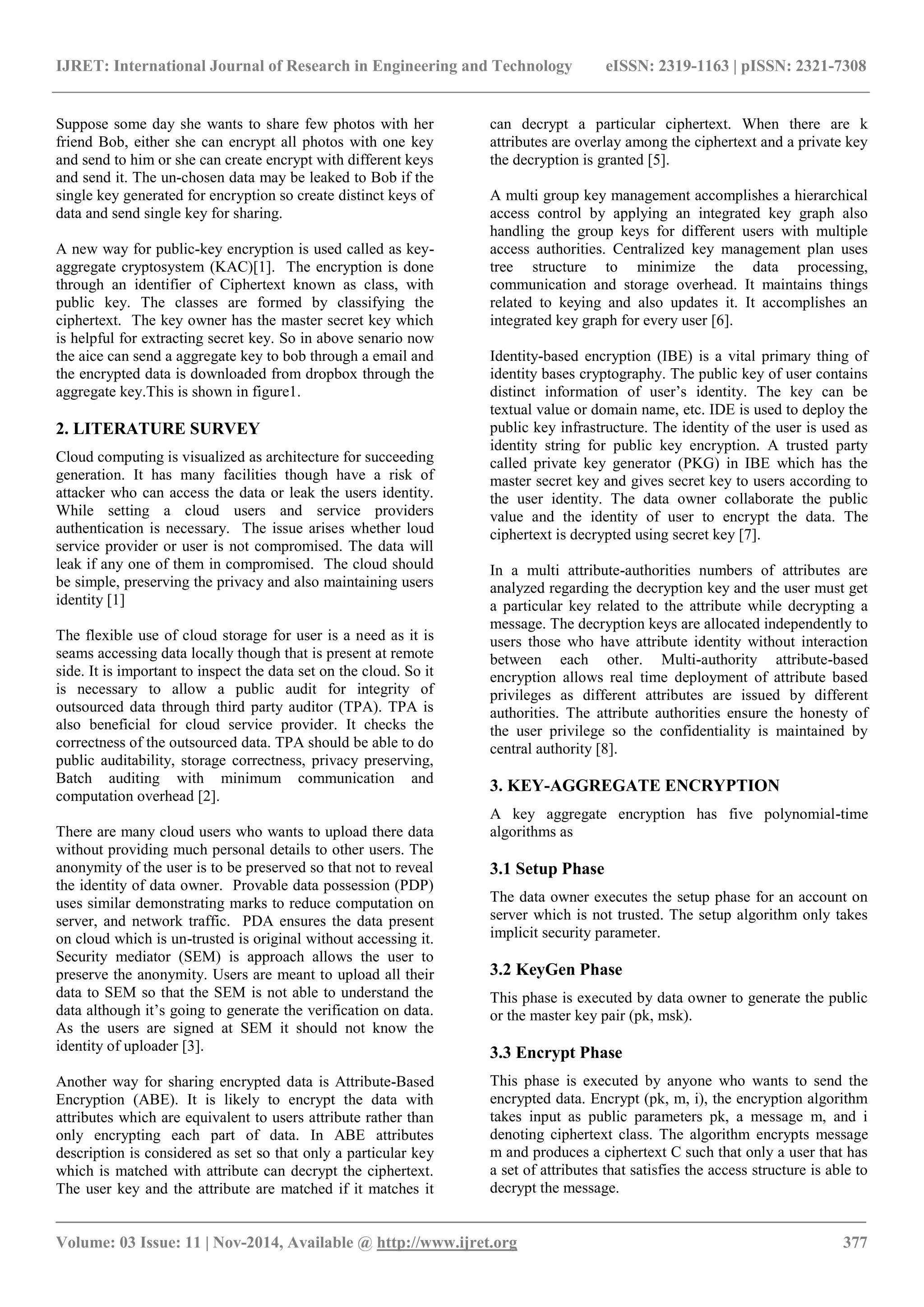 A Review On Key Aggregate Cryptosystem For Scalable Data Sharing In