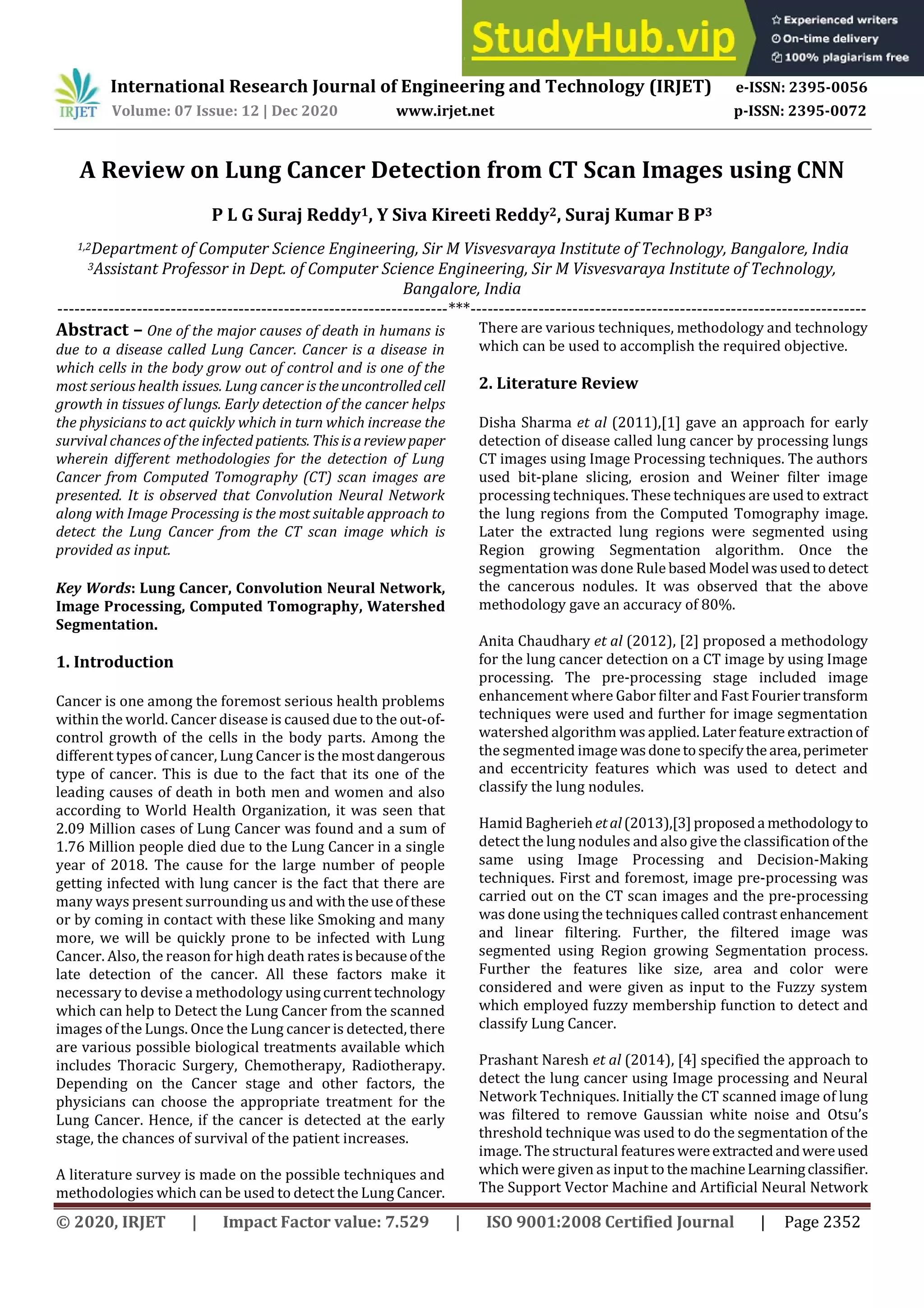 A Review On Lung Cancer Detection From CT Scan Images Using CNN | PDF