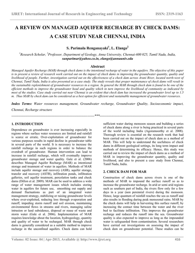 A review on managed aquifer recharge by check dams a case study near chennai, india | PDF