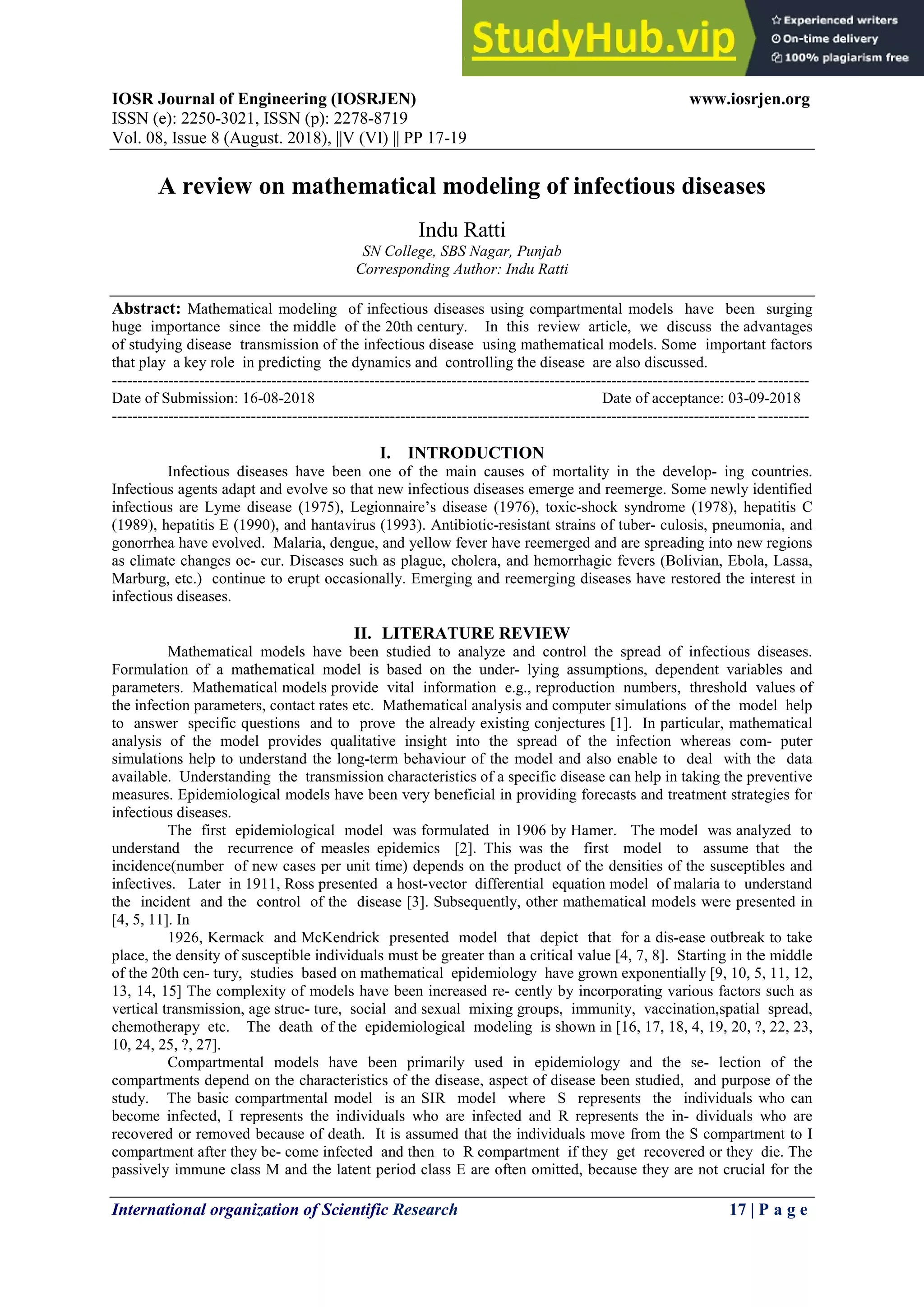 A Review On Mathematical Modeling Of Infectious Diseases | PDF