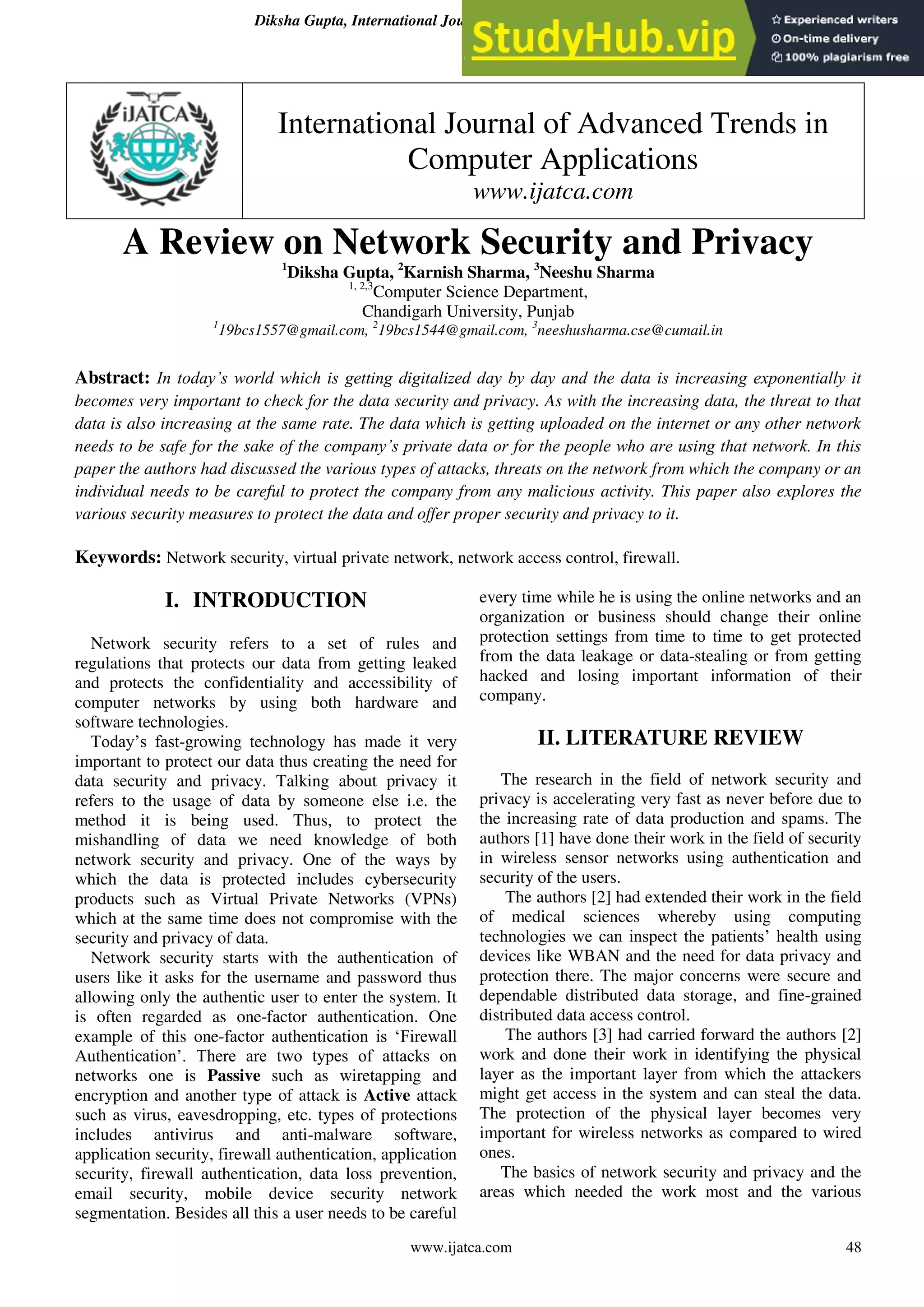 A Review On Network Security And Privacy | PDF