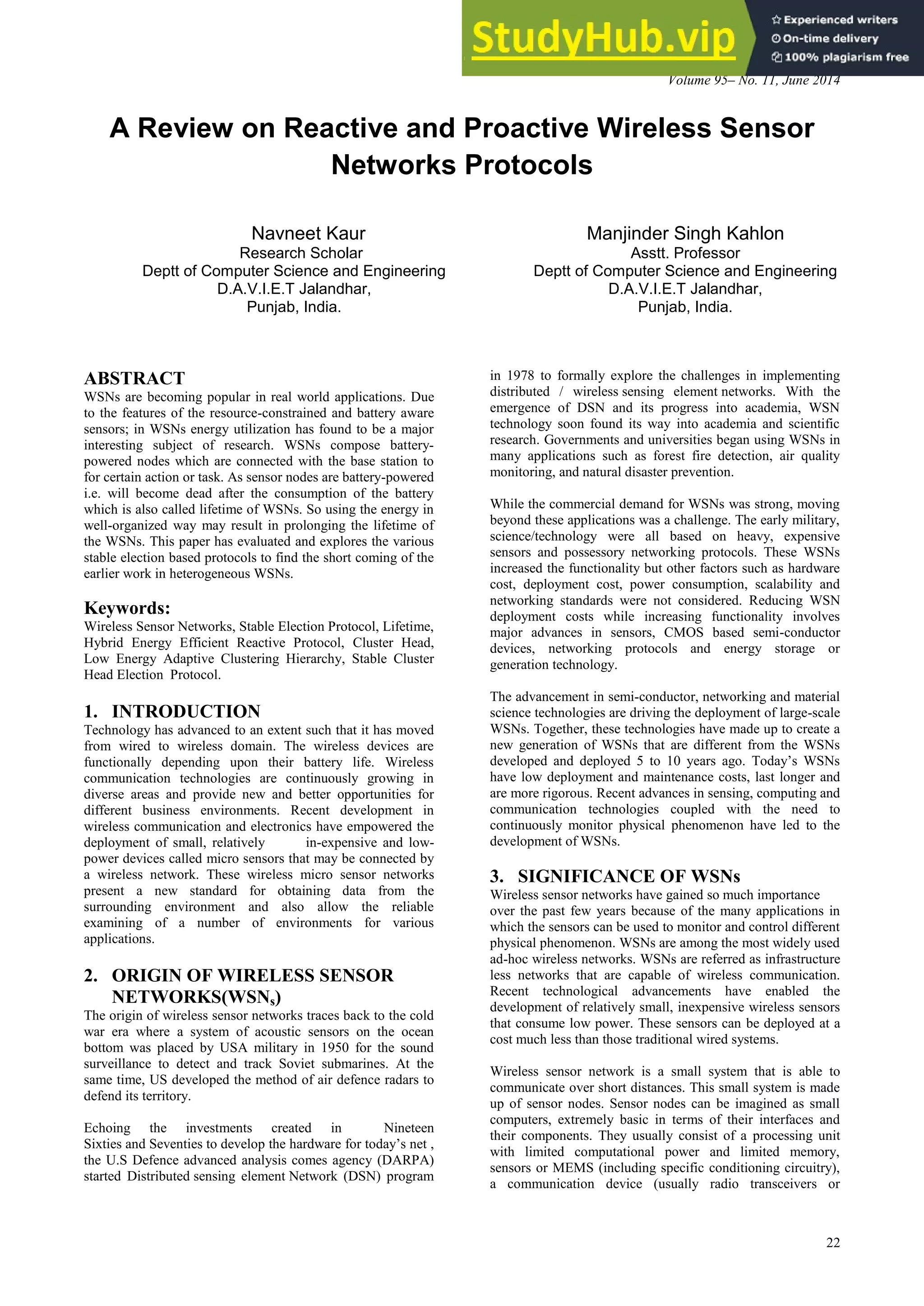 A Review On Reactive And Proactive Wireless Sensor Networks Protocols