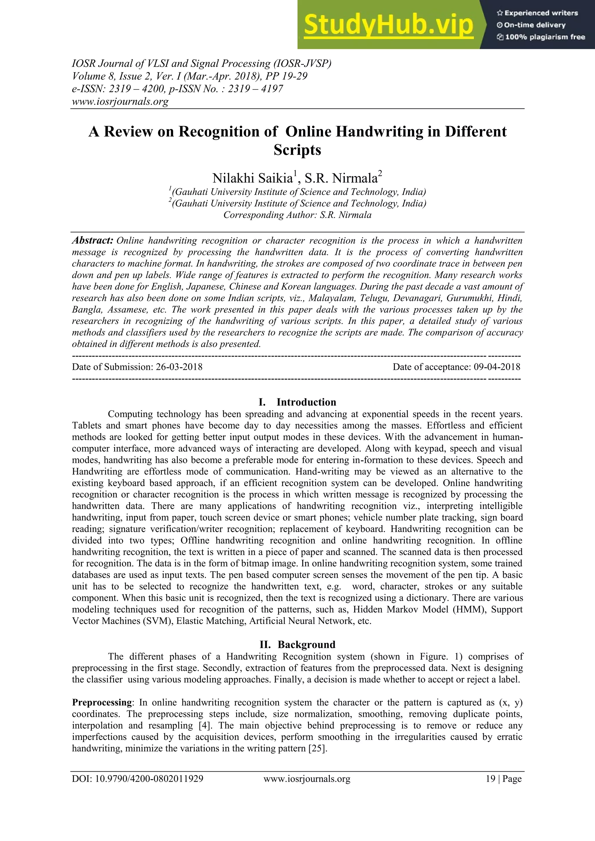 A Review On Recognition Of Online Handwriting In Different Scripts | PDF