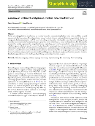 A Review On Sentiment Analysis And Emotion Detection From Text | PDF | Social Networking | Internet