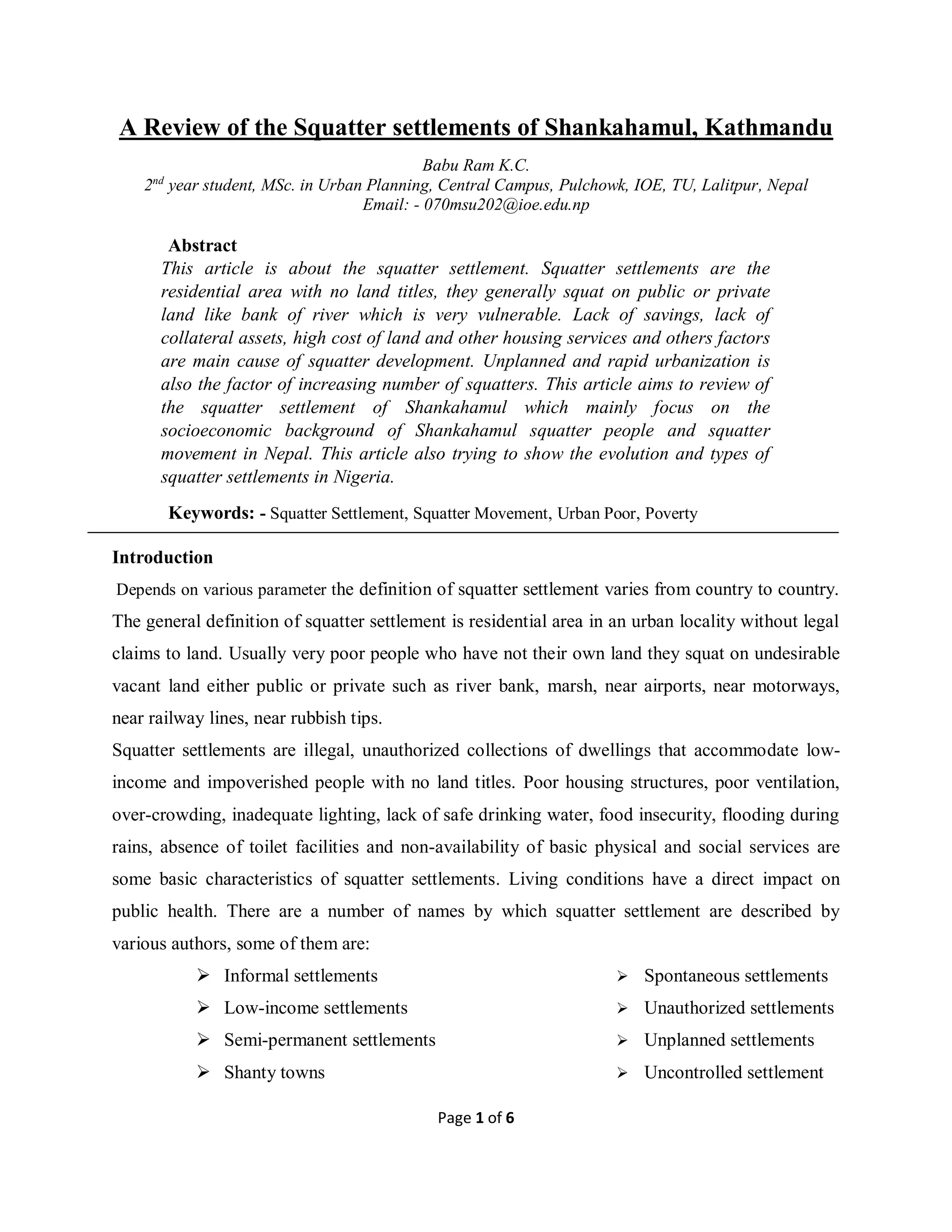A review on Shankhamul squatter settelment, Kathmandu | PDF