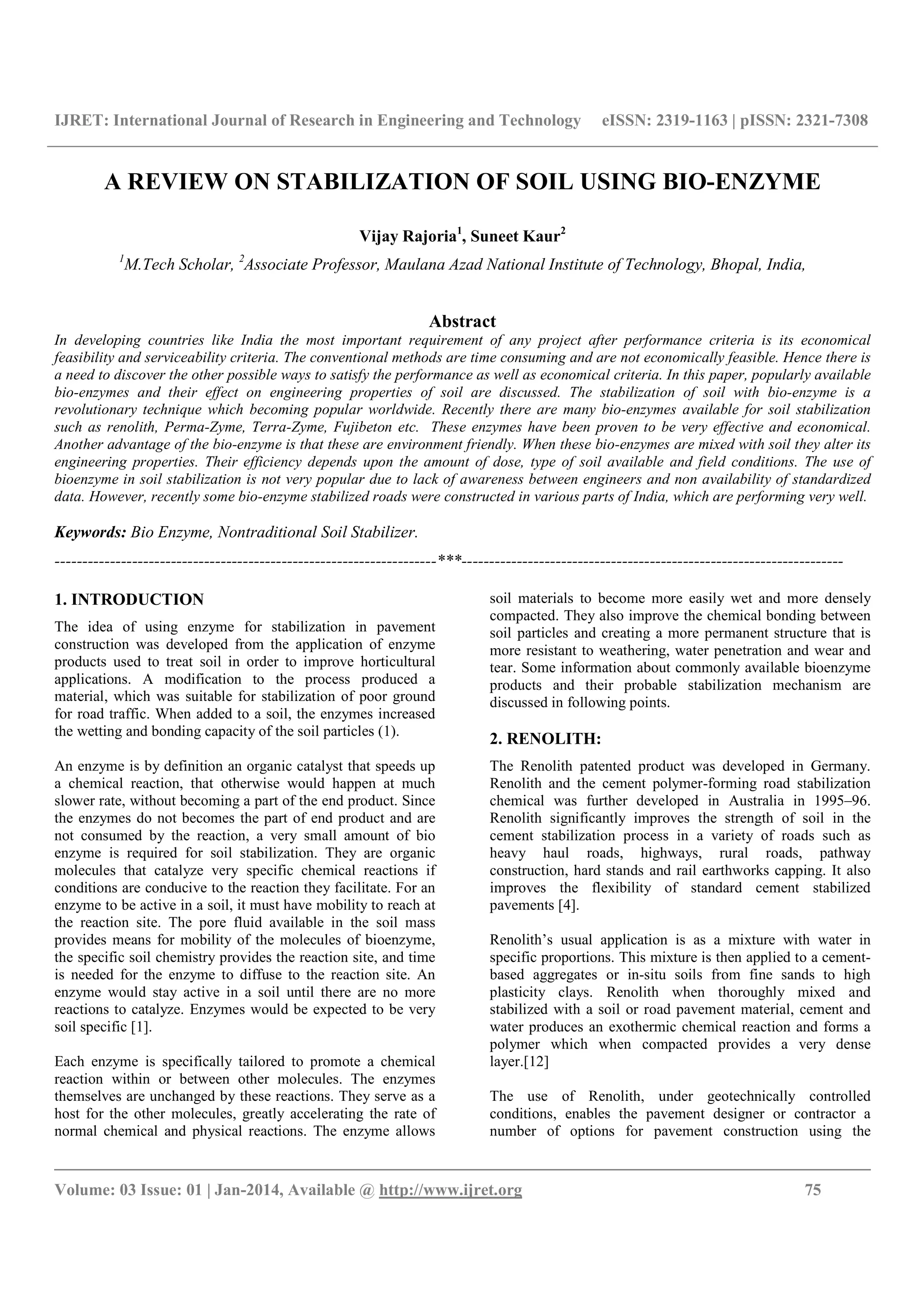 A review on stabilization of soil using bio enzyme | PDF