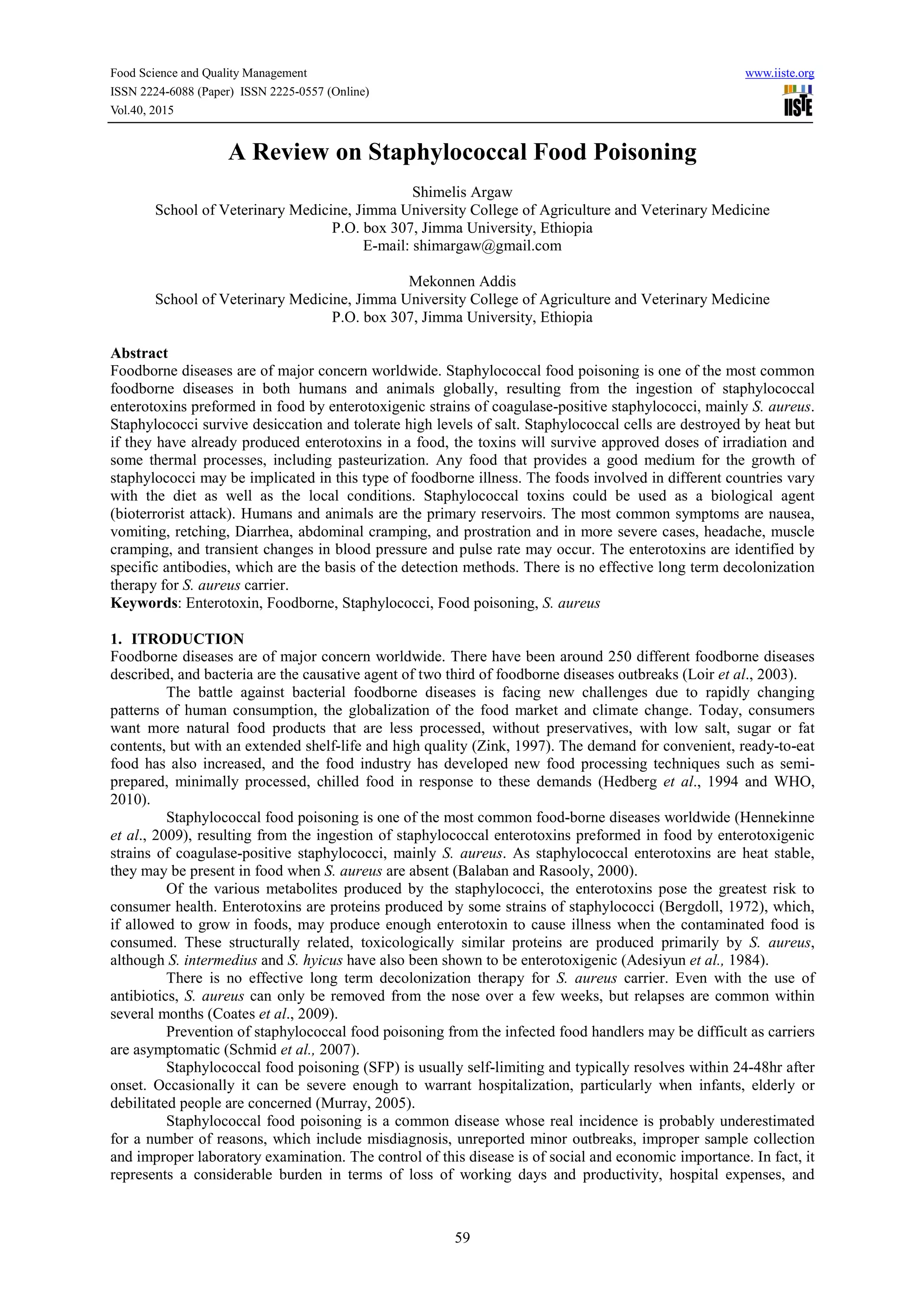 A review on staphylococcal food poisoning | PDF