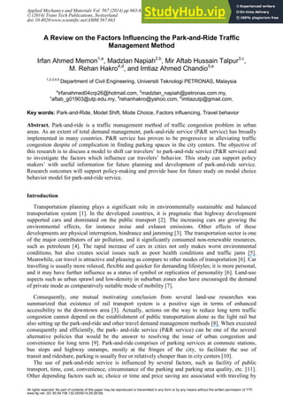 A Review On The Factors Influencing The Park-And-Ride Traffic ...