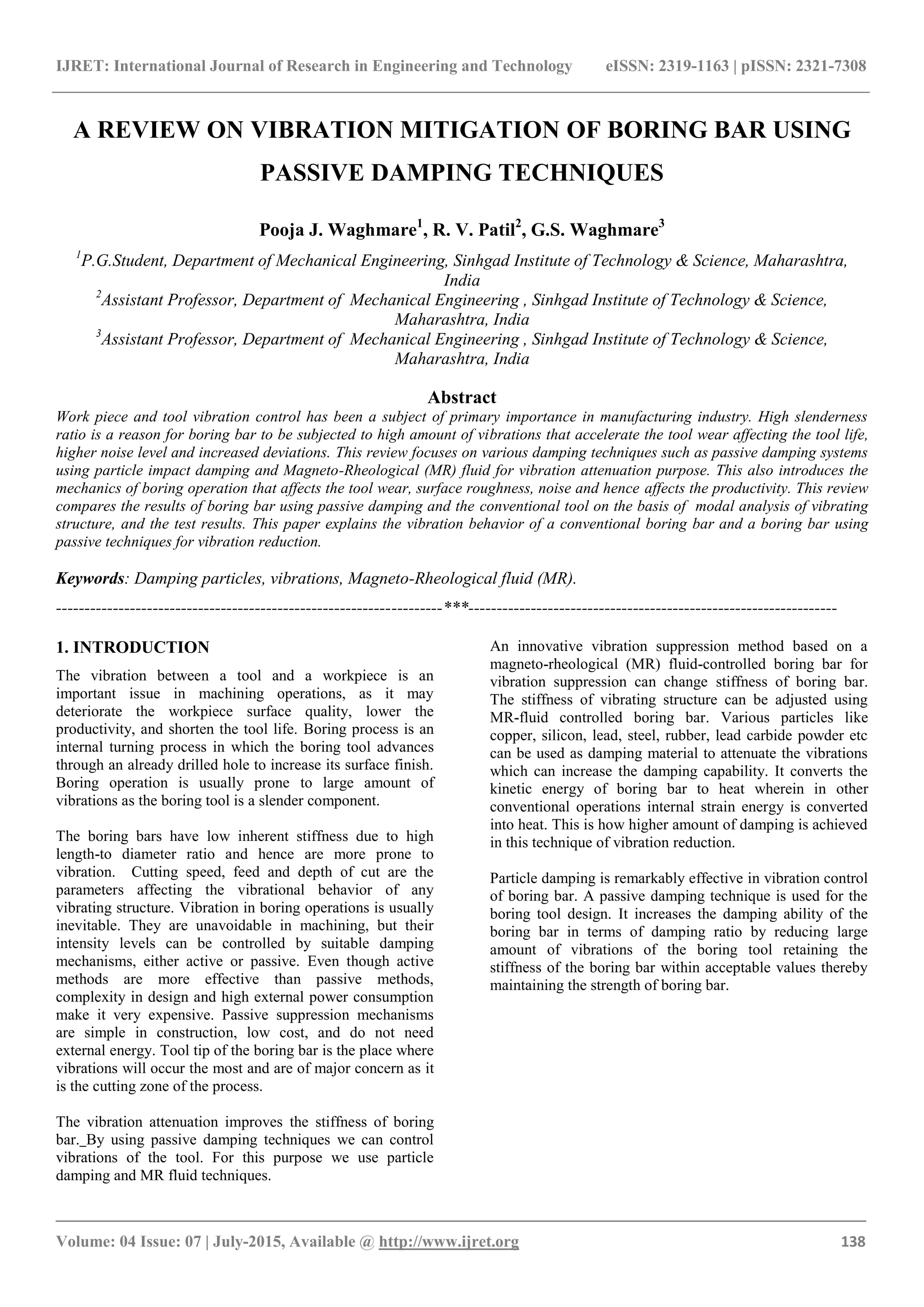 A review on vibration mitigation of boring bar using passive damping techniques | PDF