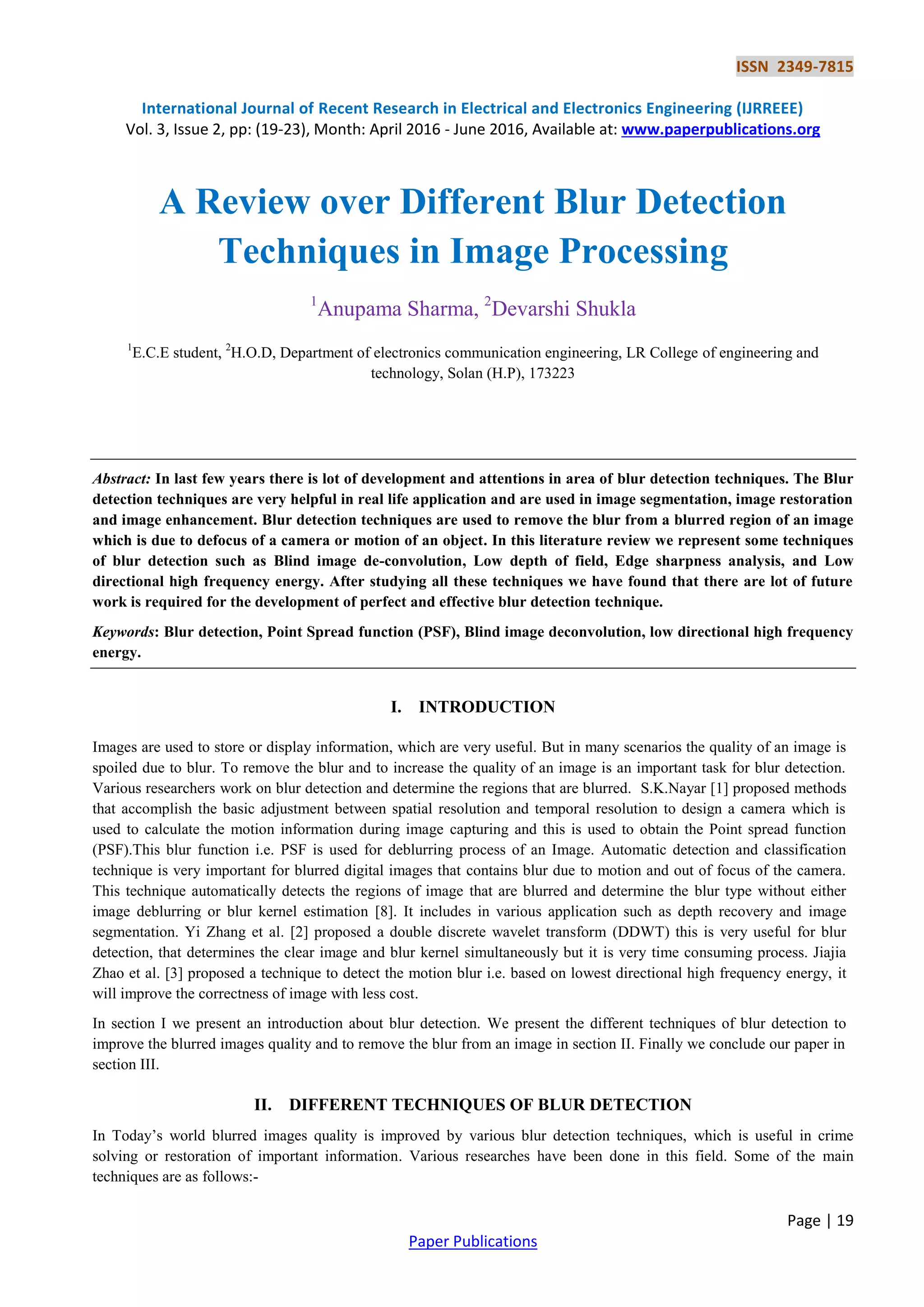 A Review over Different Blur Detection Techniques in Image Processing | PDF