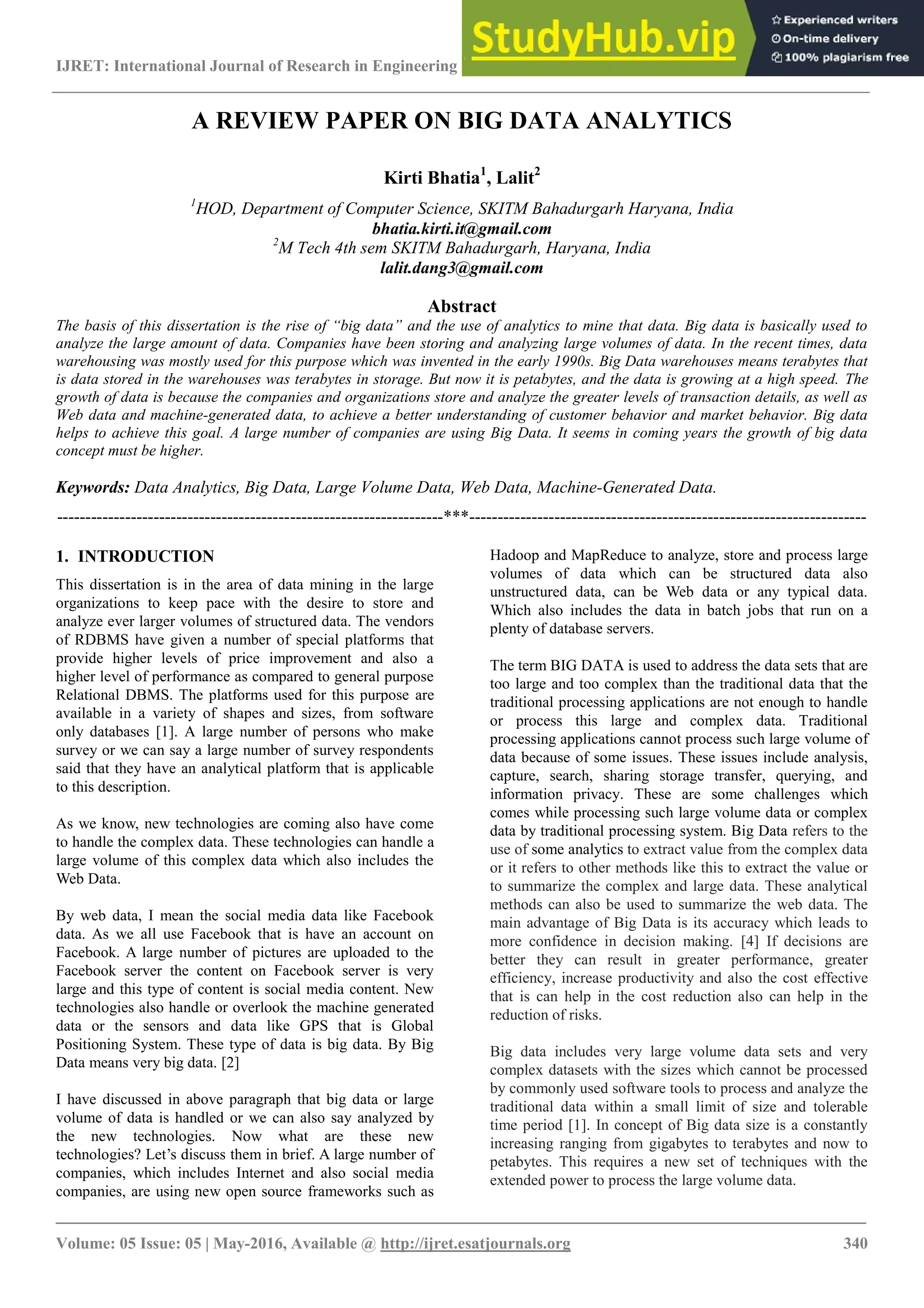 A REVIEW PAPER ON BIG DATA ANALYTICS | PDF | Databases | Computer Software and Applications