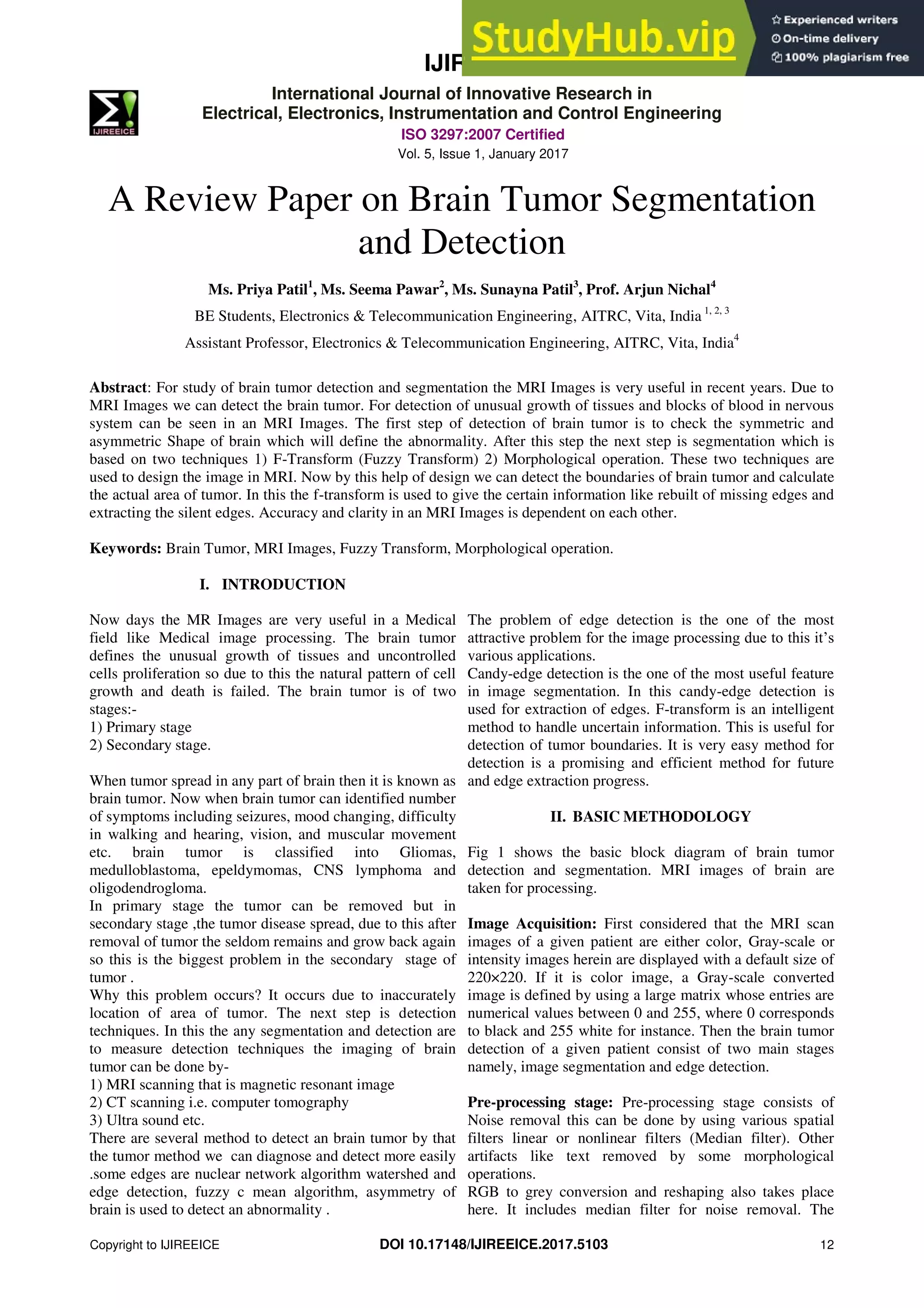 A Review Paper On Brain Tumor Segmentation And Detection | PDF | Photo Editing Software ...