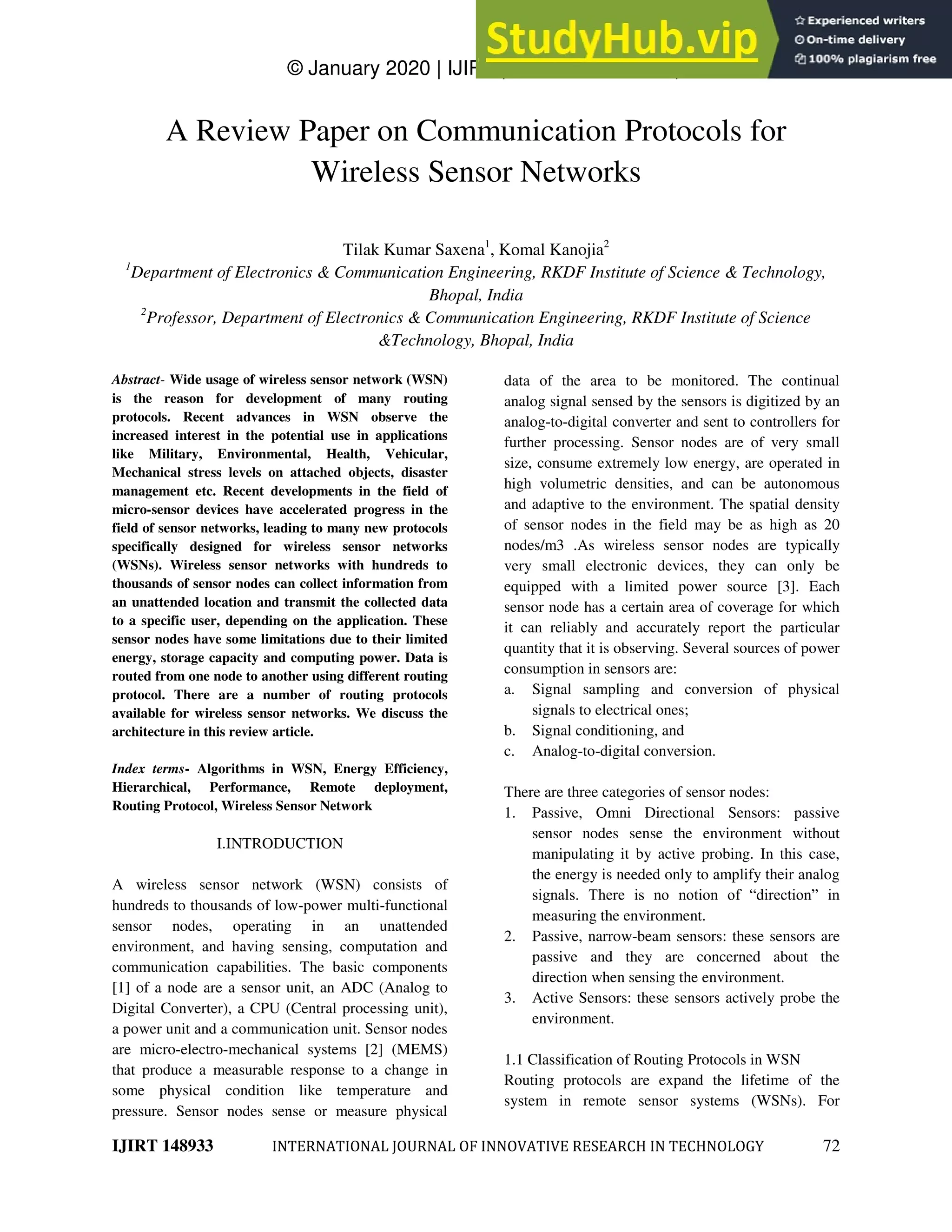 A Review Paper On Communication Protocols For Wireless Sensor Networks | PDF