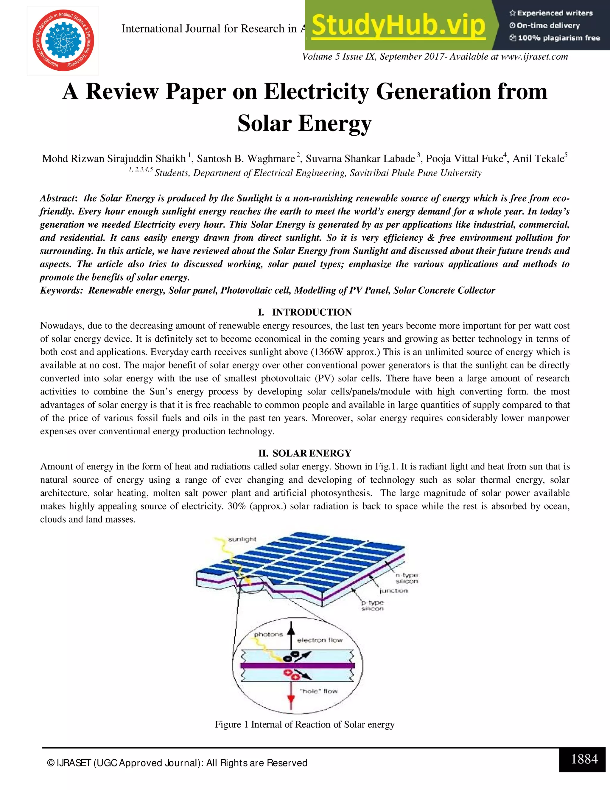 A Review Paper On Electricity Generation From Solar Energy | PDF