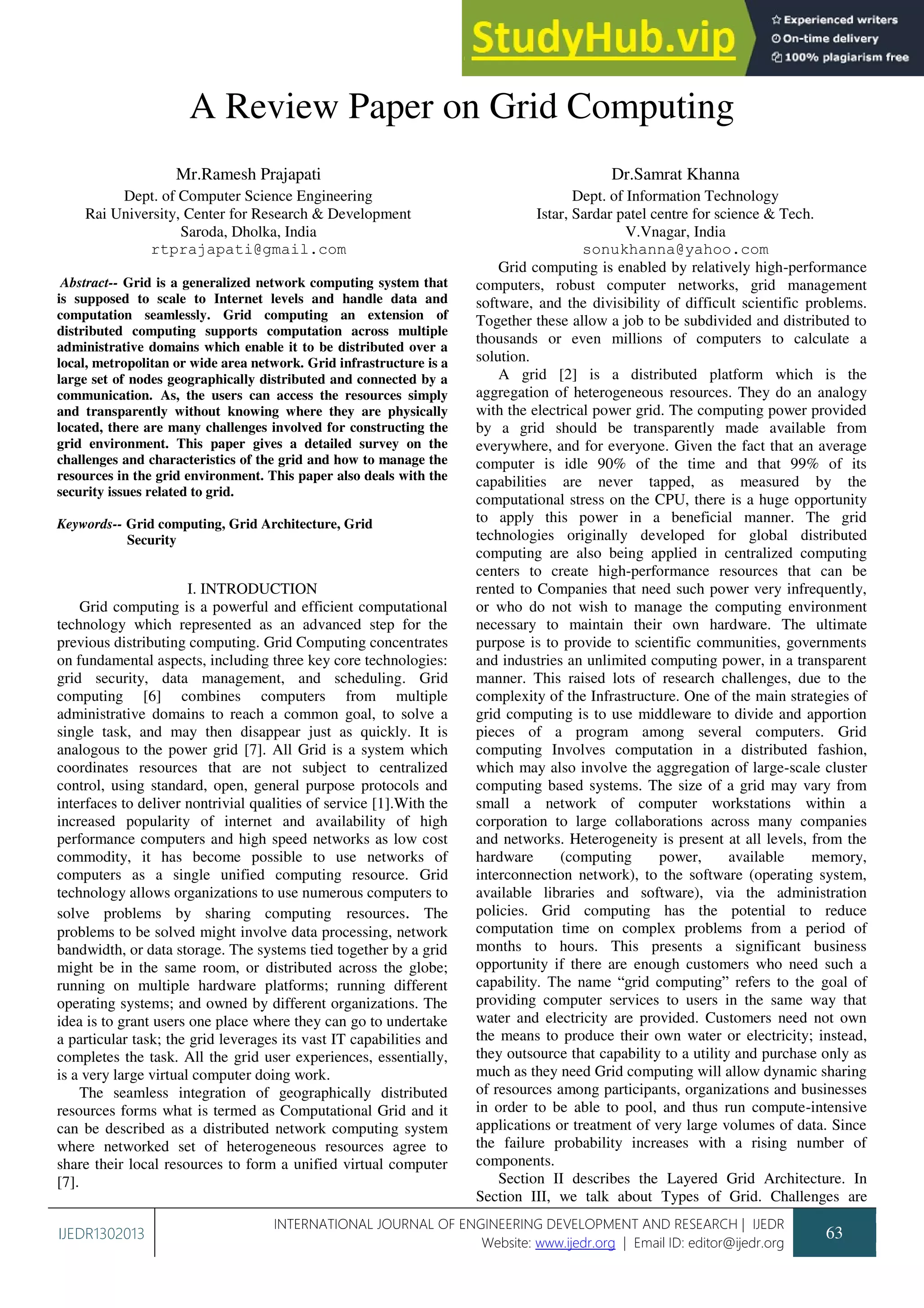 A Review Paper On Grid Computing | PDF