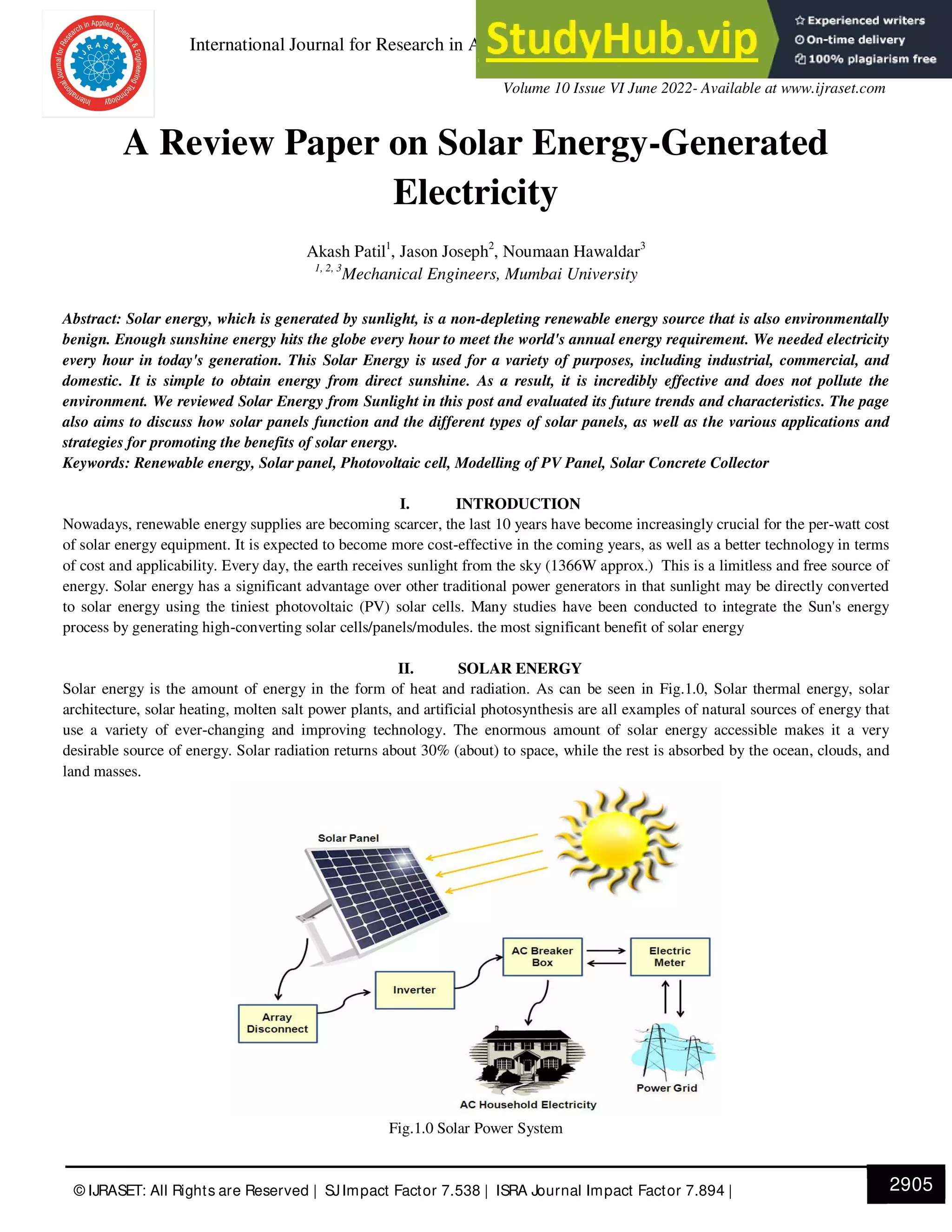 A Review Paper On Solar Energy-Generated Electricity | PDF