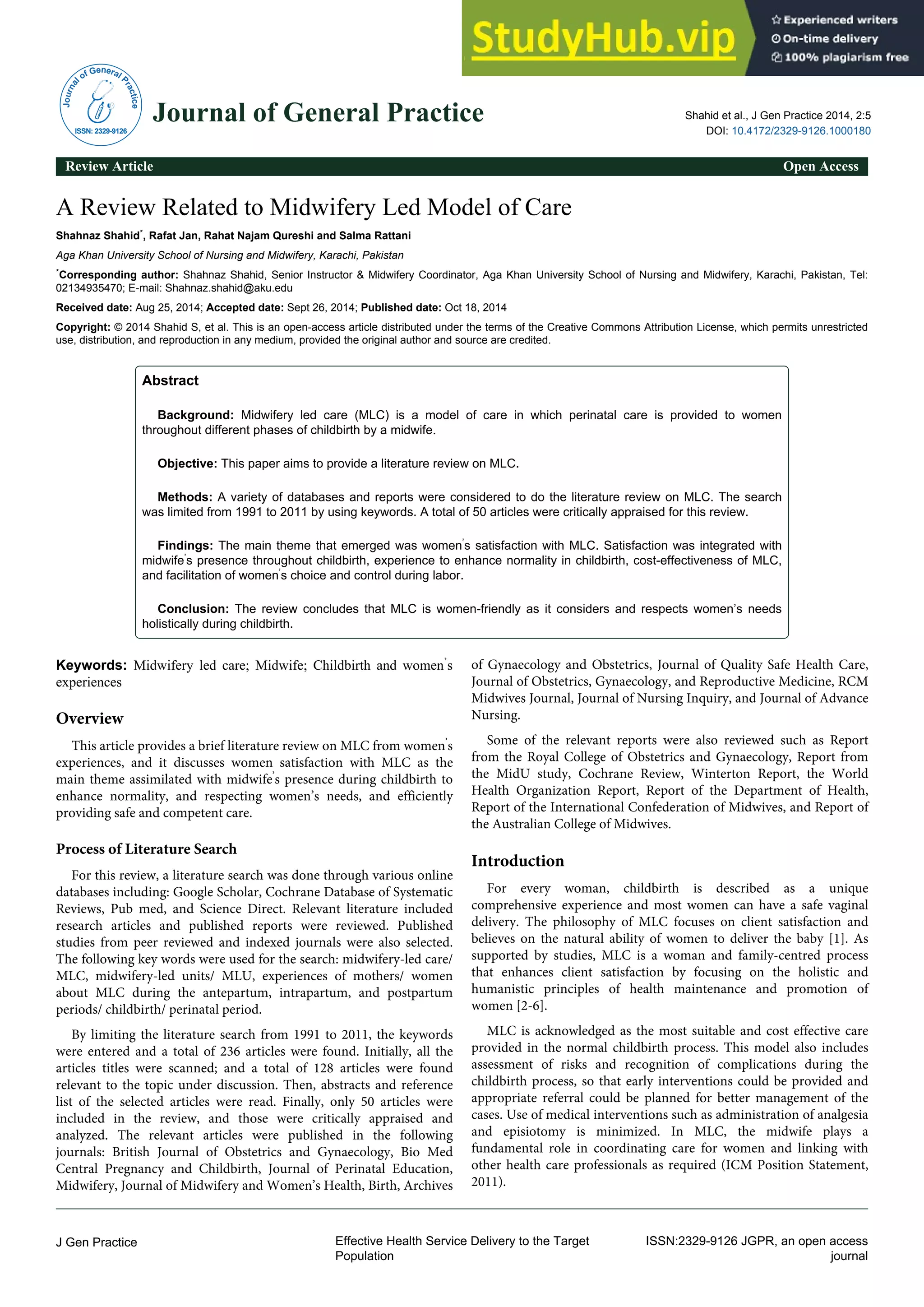 A Review Related To Midwifery Led Model Of Care | PDF