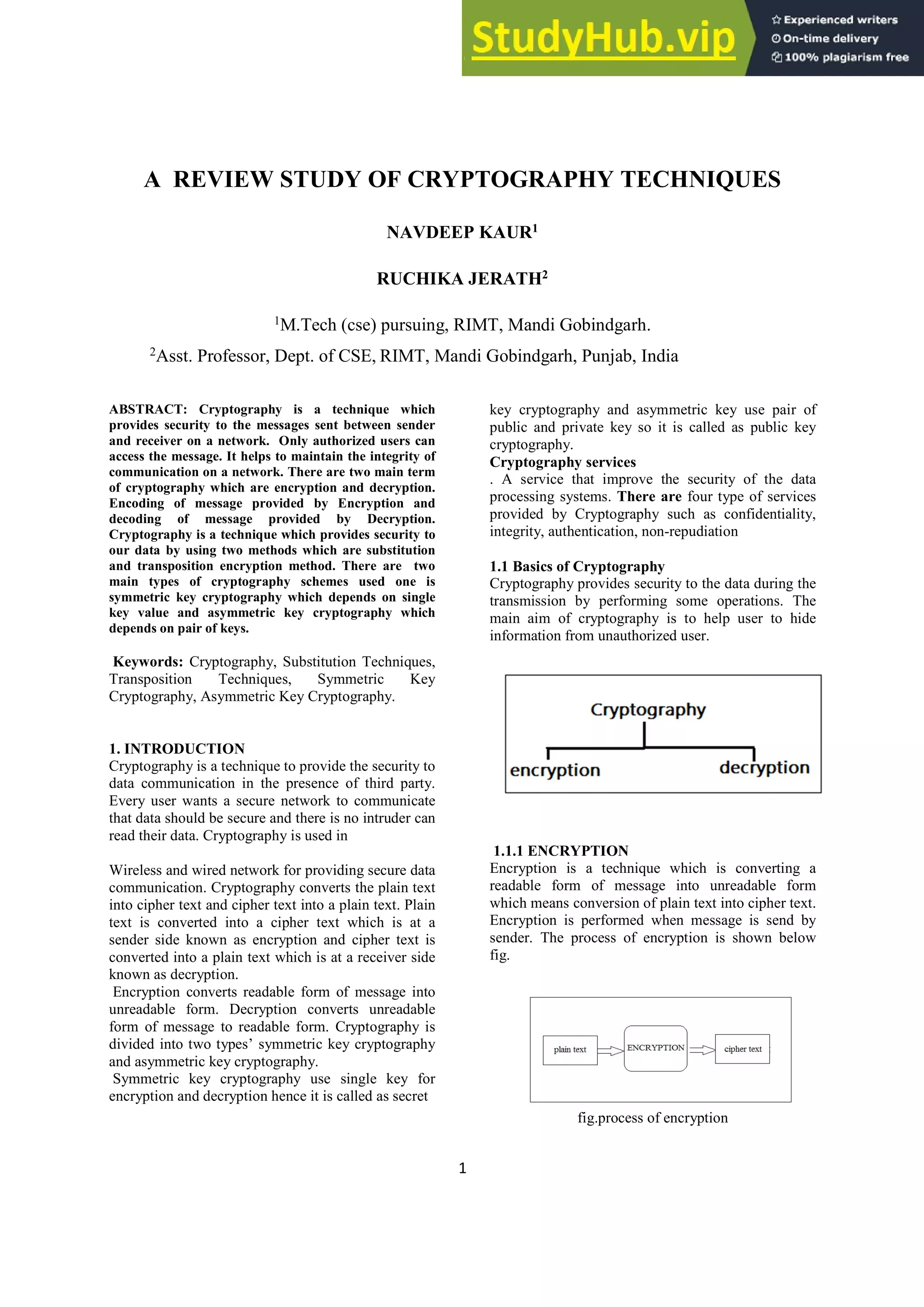 A REVIEW STUDY OF CRYPTOGRAPHY TECHNIQUES | PDF