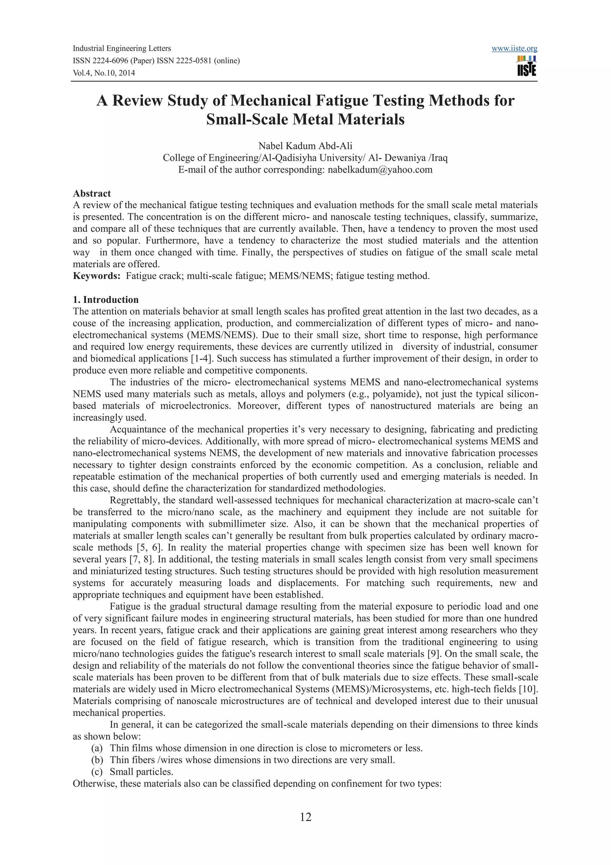 A review study of mechanical fatigue testing methods for small scale ...