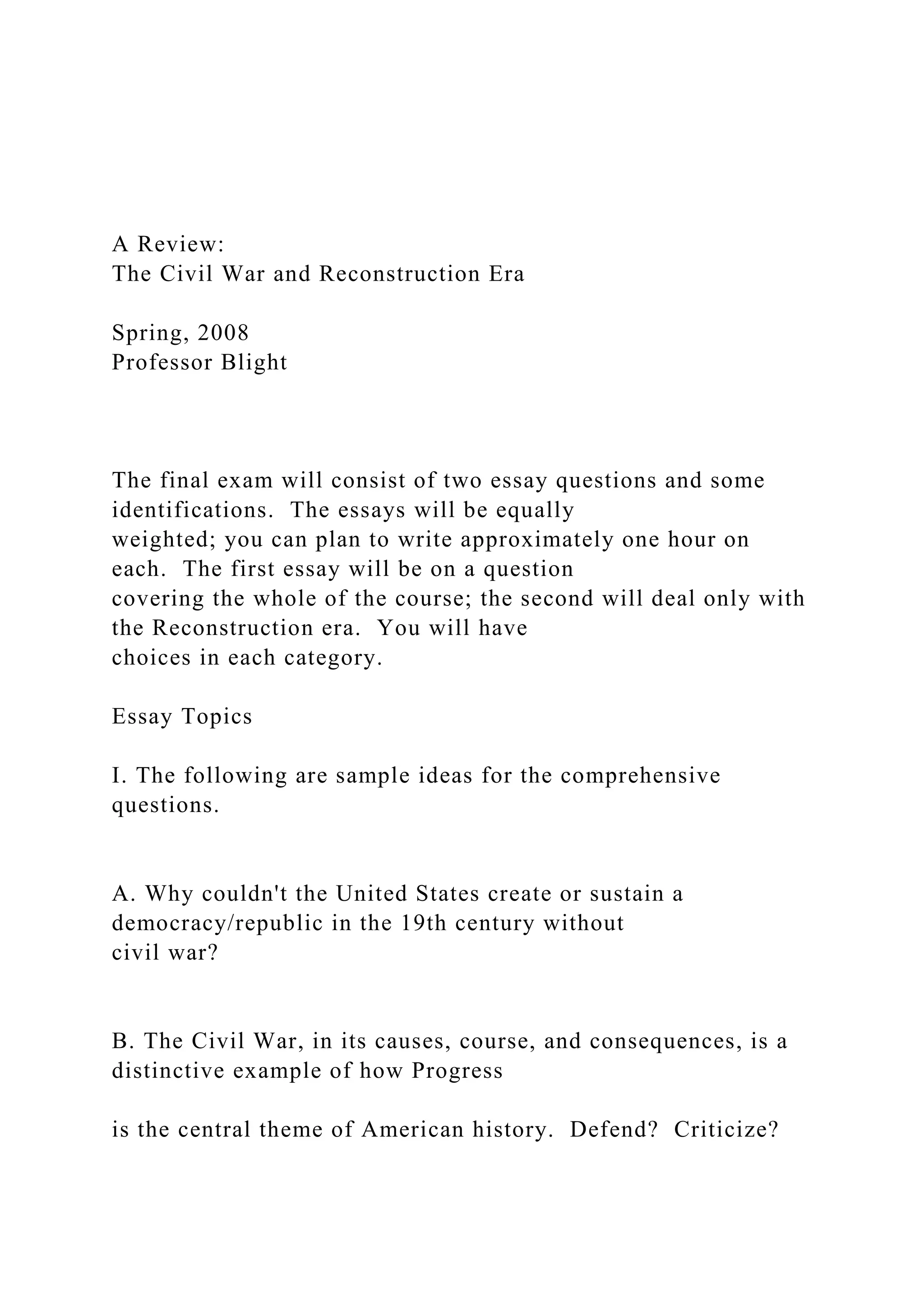 A Review The Civil War and Reconstruction Era Spring, 2.docx