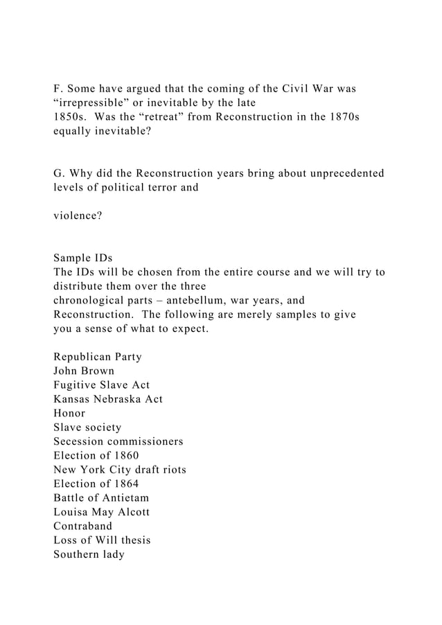 A Review The Civil War and Reconstruction Era Spring, 2.docx