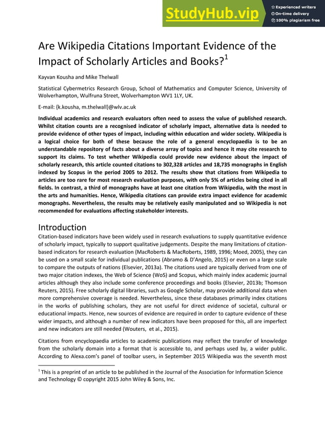 Are Wikipedia Citations Important Evidence of the Impact of Scholarly ...