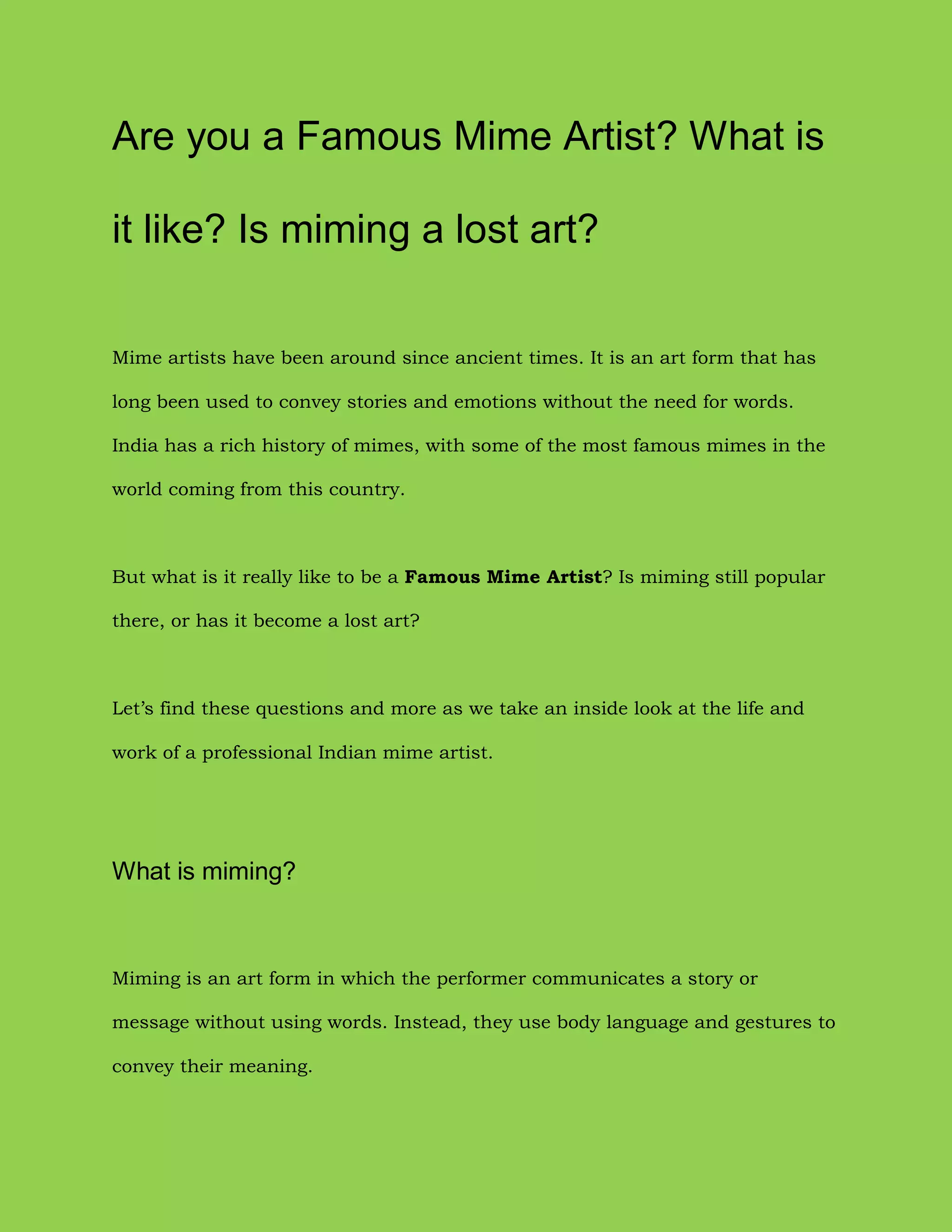 Are you a Famous Mime Artist in India_ What is it like_ Is miming a ...