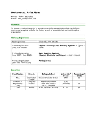Resume ( Arfin Alam Engg....... Low Current System Sales/ 8 Yrs Exp ...