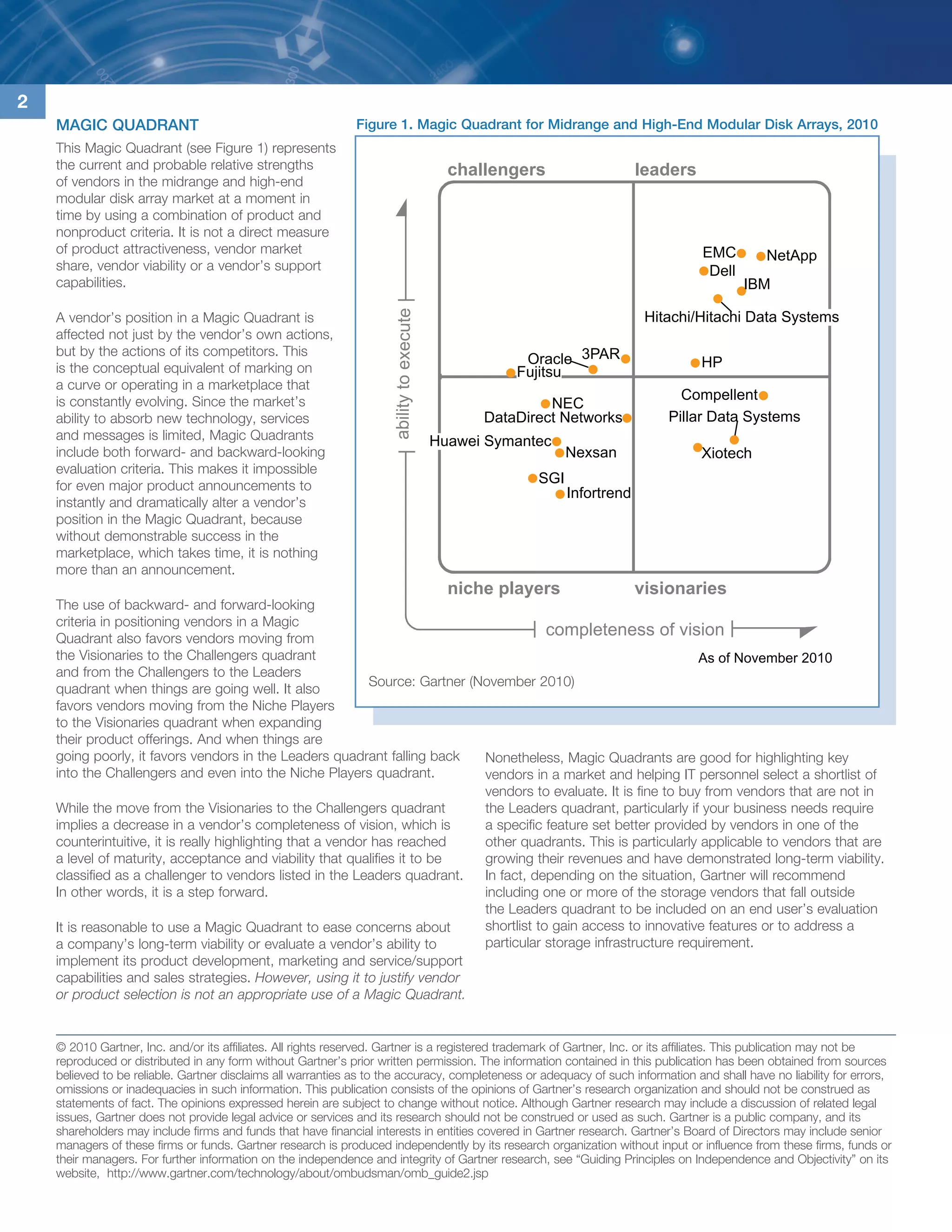 Gartner Magic Quadrant Nov 15, 2010 for Midrange and High End Modular Disk Arrays | PDF