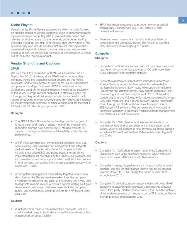 Gartner Magic Quadrant Nov 15, 2010 for Midrange and High End Modular Disk Arrays | PDF