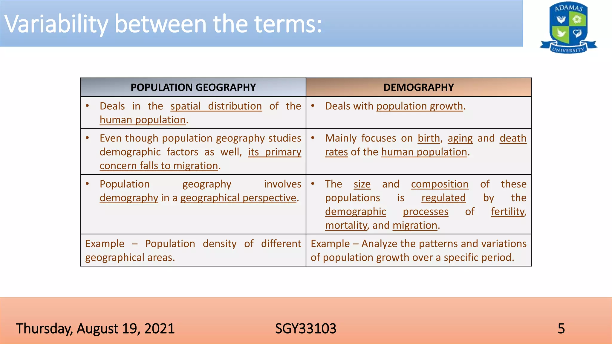 POPULATION GEOGRAPHY vs. DEMOGRAPHY | PPSX