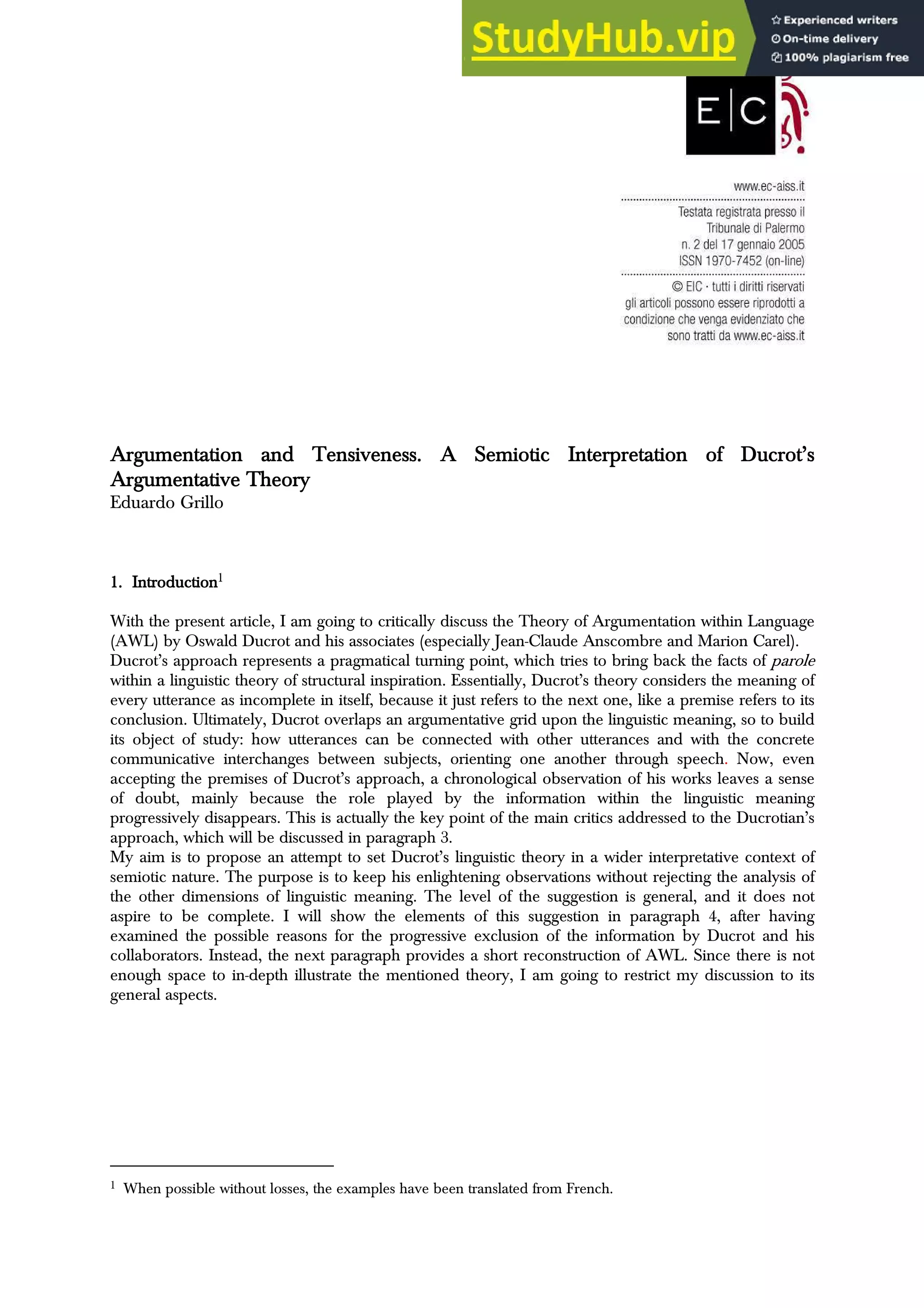 Argumentation And Tensiveness. A Semiotic Interpretation Of Ducrot S Argumentative Theory | PDF