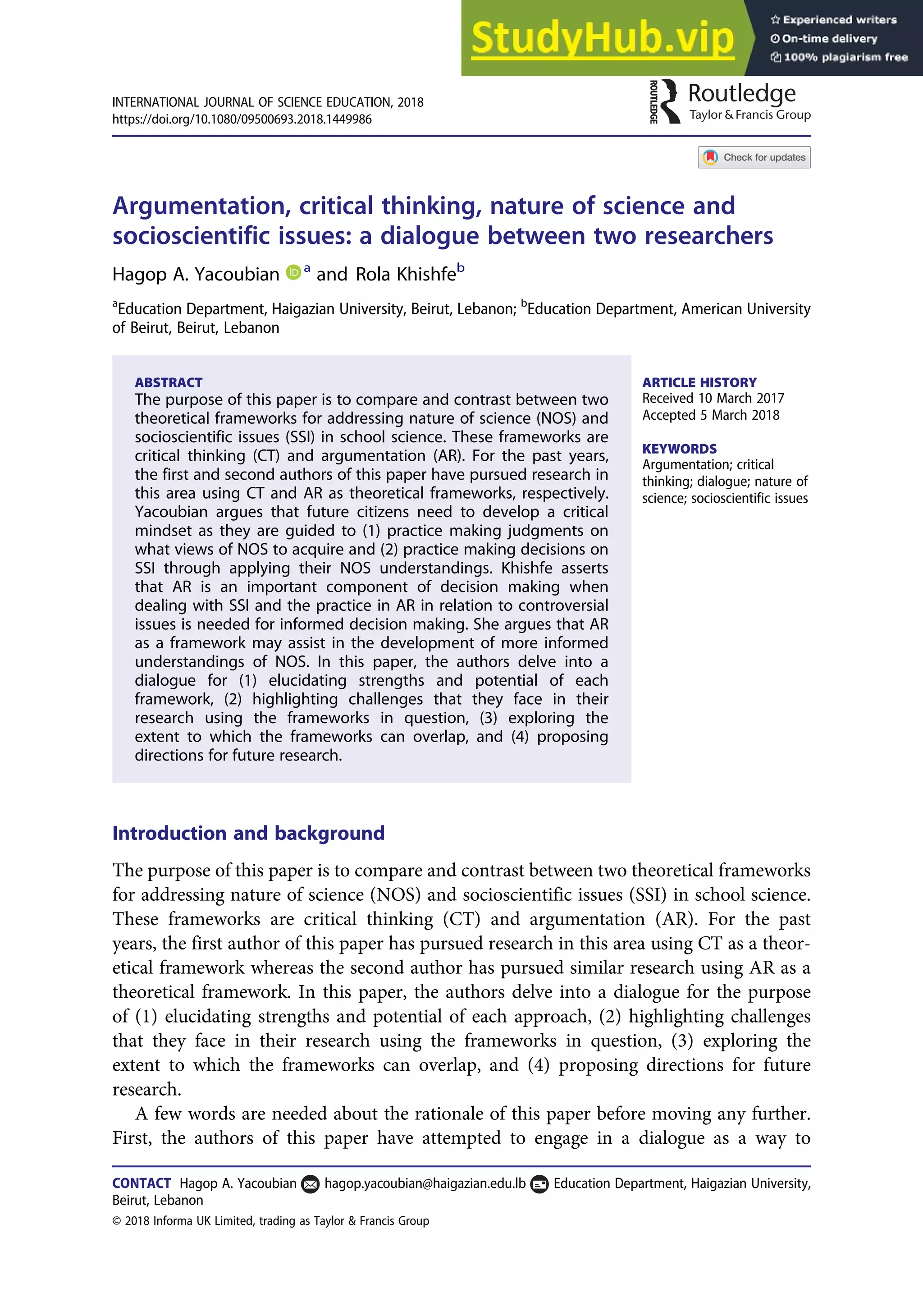 Argumentation, critical thinking, nature of science and socioscientific issues a dialogue ...