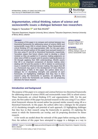 Argumentation, critical thinking, nature of science and socioscientific ...