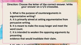 USE ARGUMENTATIVE WRITING TECHNIQUES. pptx | PPTX