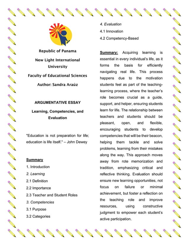 ARGUMENTATIVE ESSAY:Learning, Competencies, and Evaluation | PDF